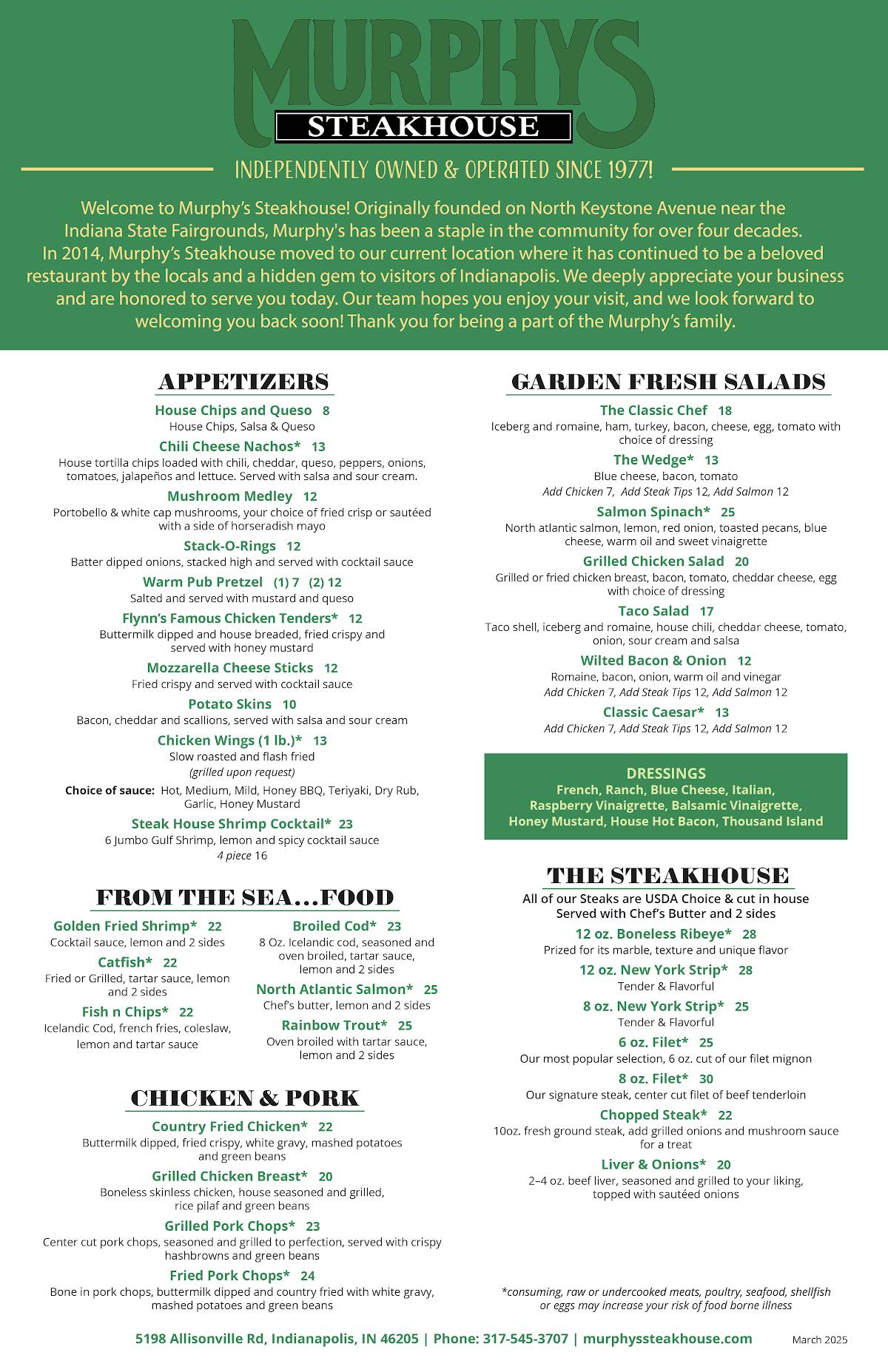 Menu at Murphy's Steakhouse, Indianapolis, Allisonville Rd