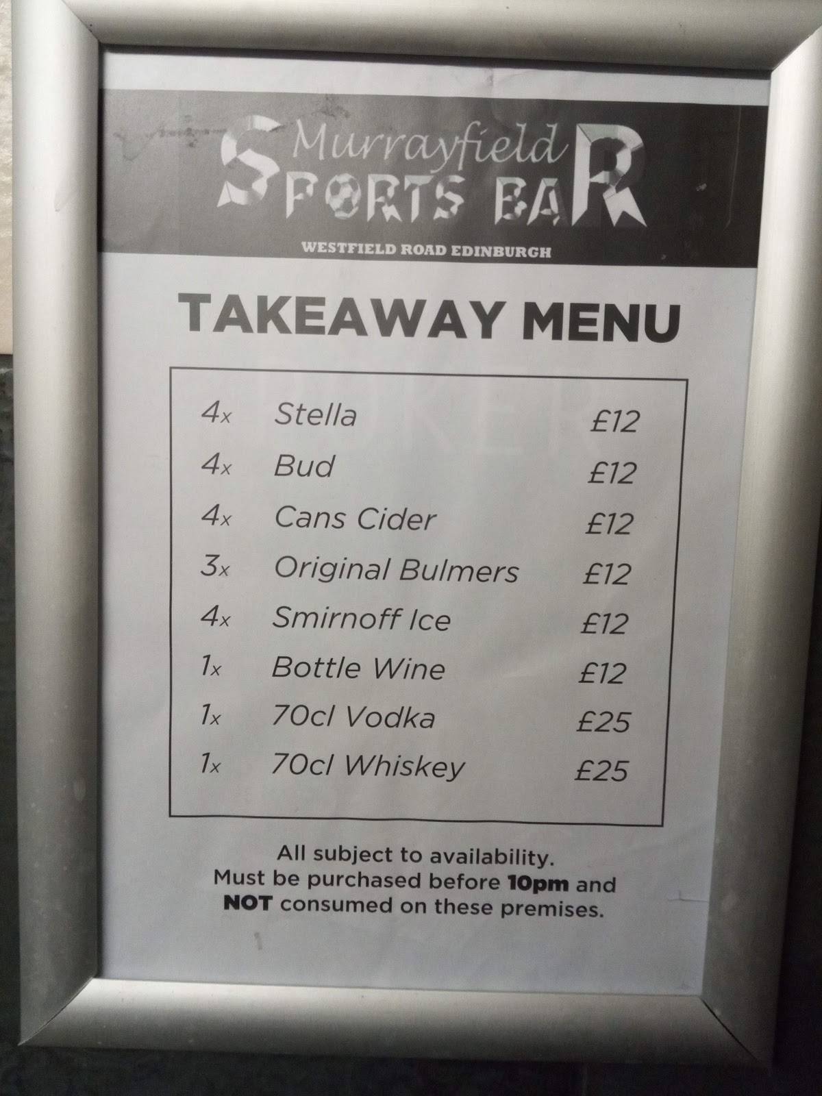 Menu at Murrayfield Sports Bar, Edinburgh