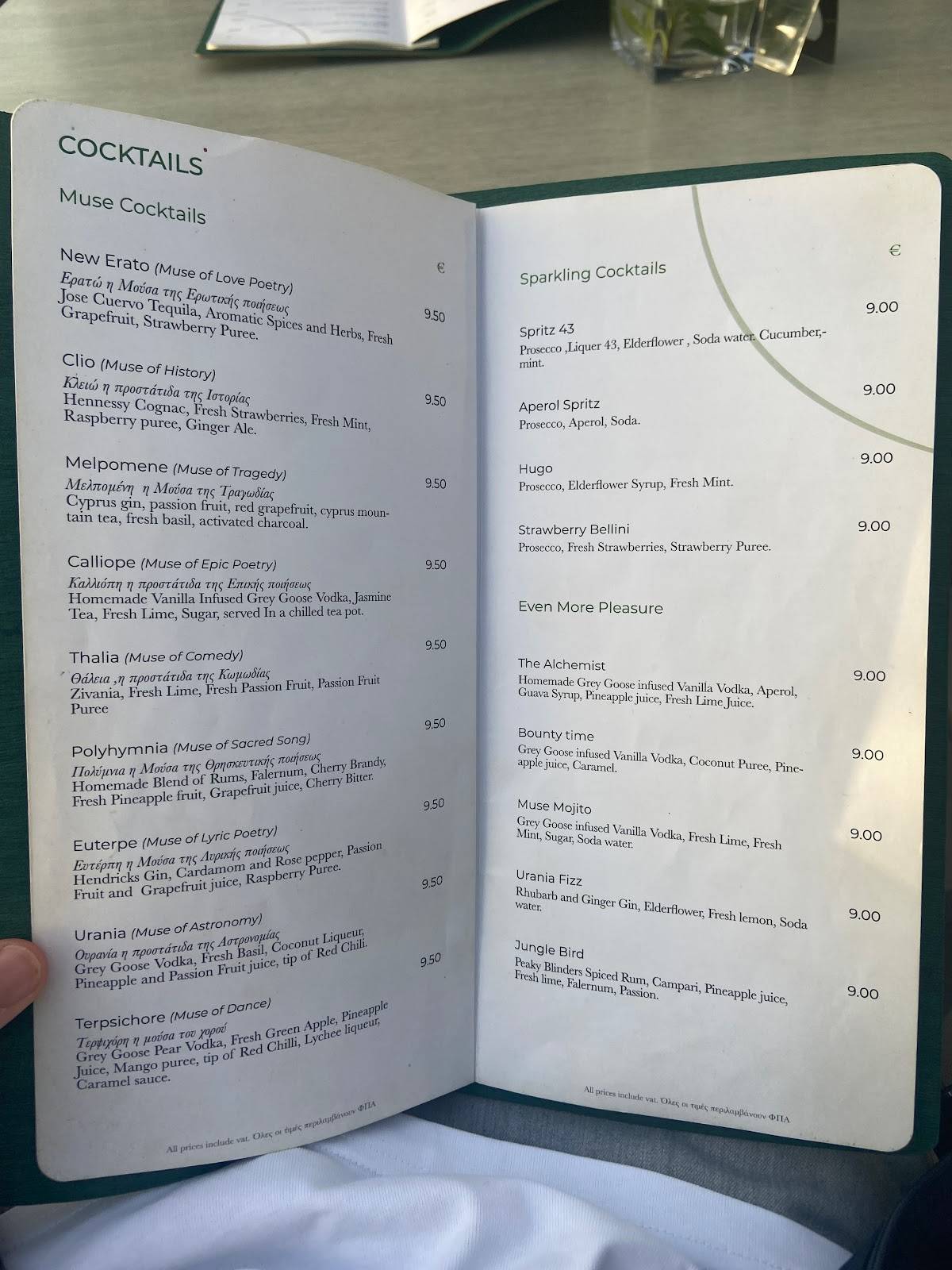 Menu at Muse, Paphos