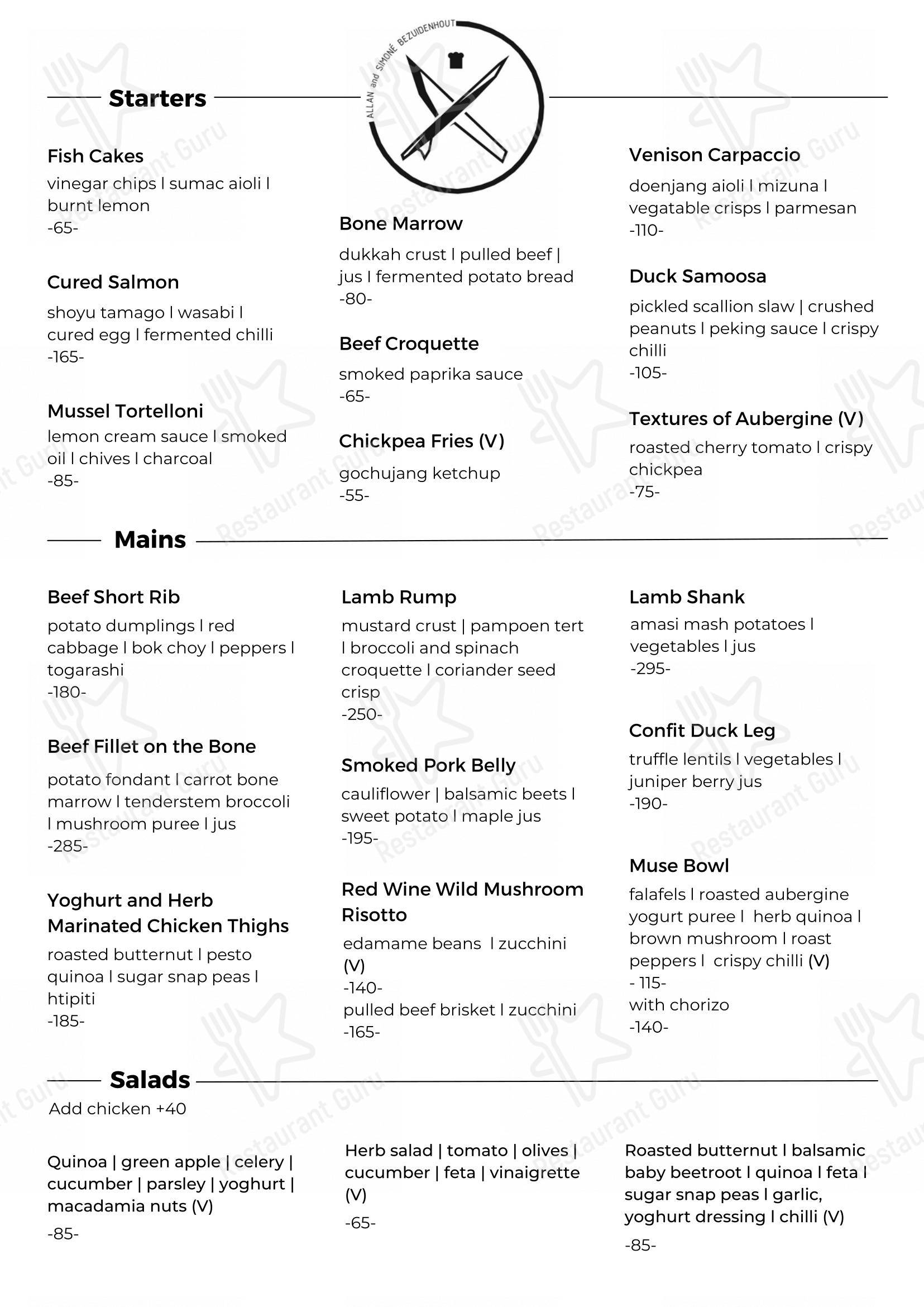Menu at Muse Restaurant, Port Elizabeth
