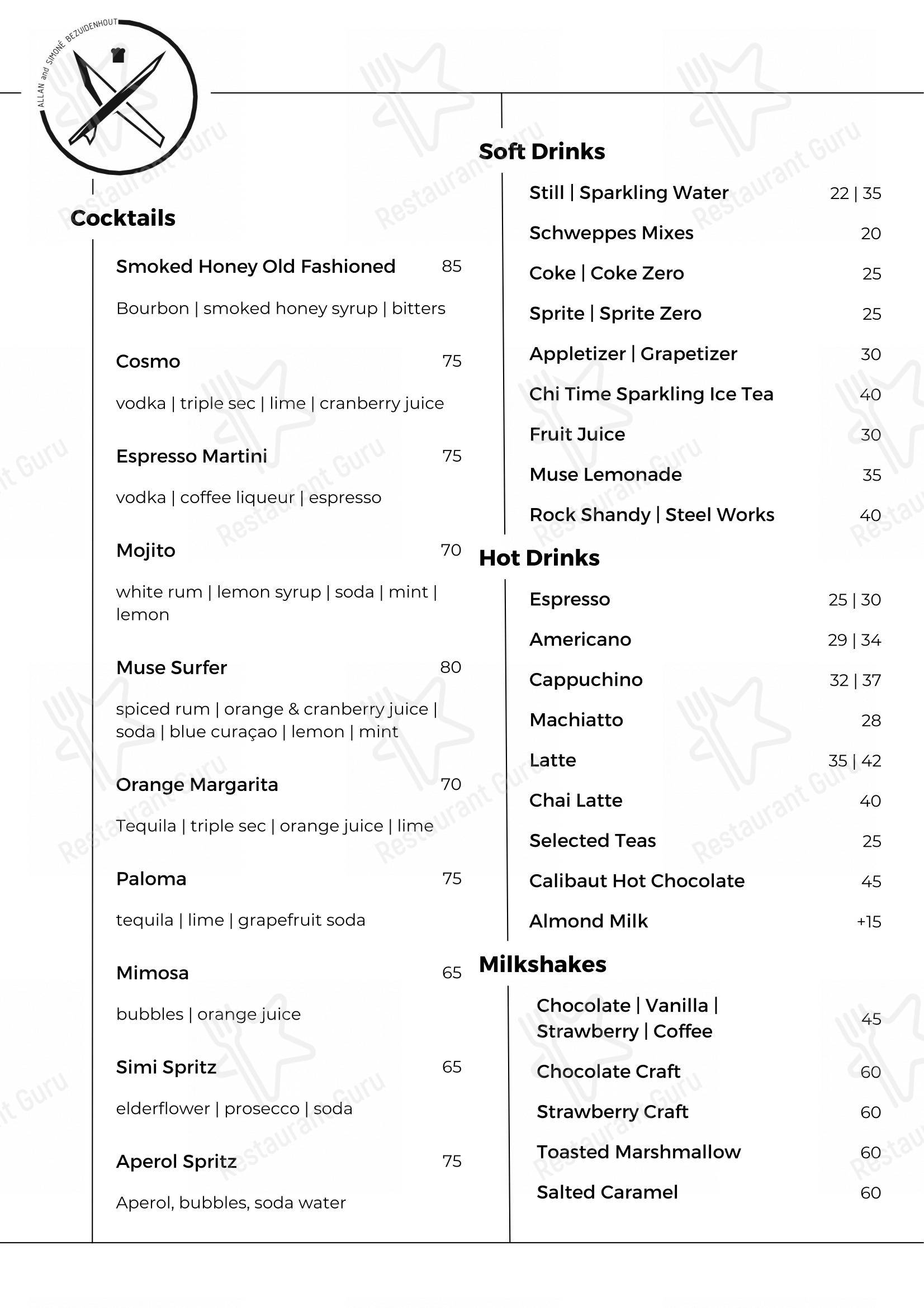Menu at Muse Restaurant, Port Elizabeth