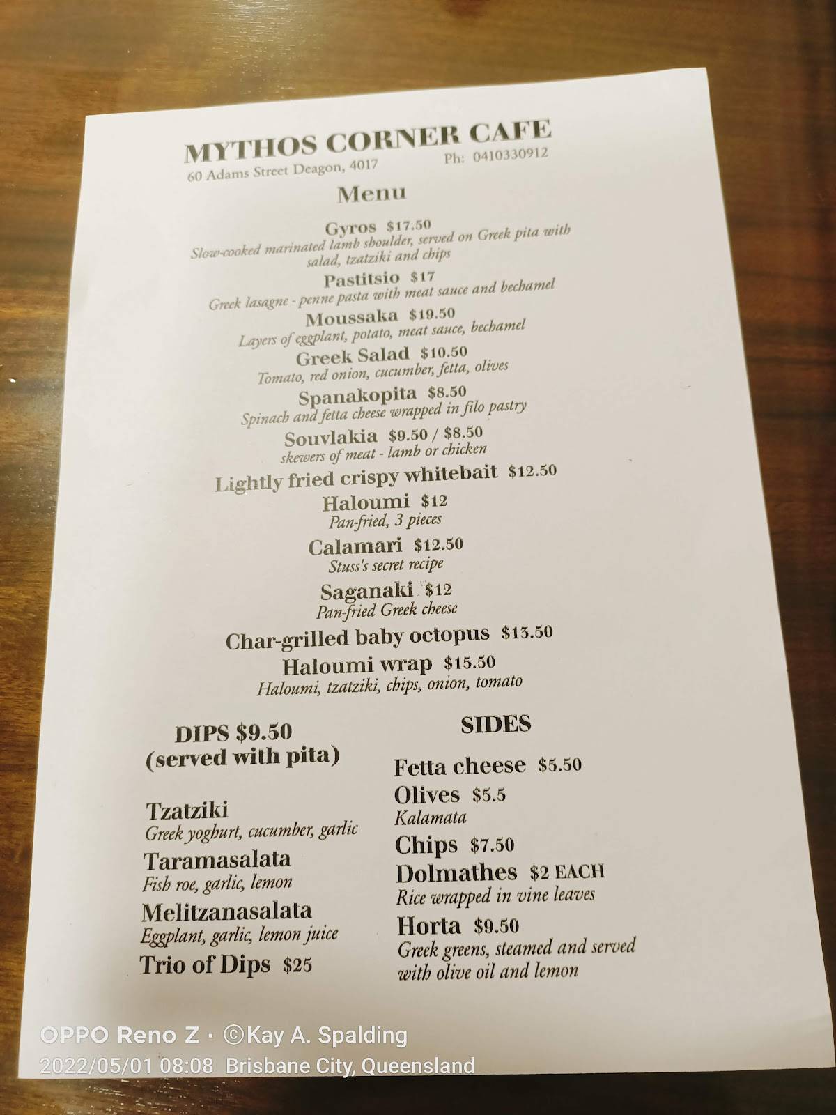 Menu at Mythos Corner Cafe, Deagon