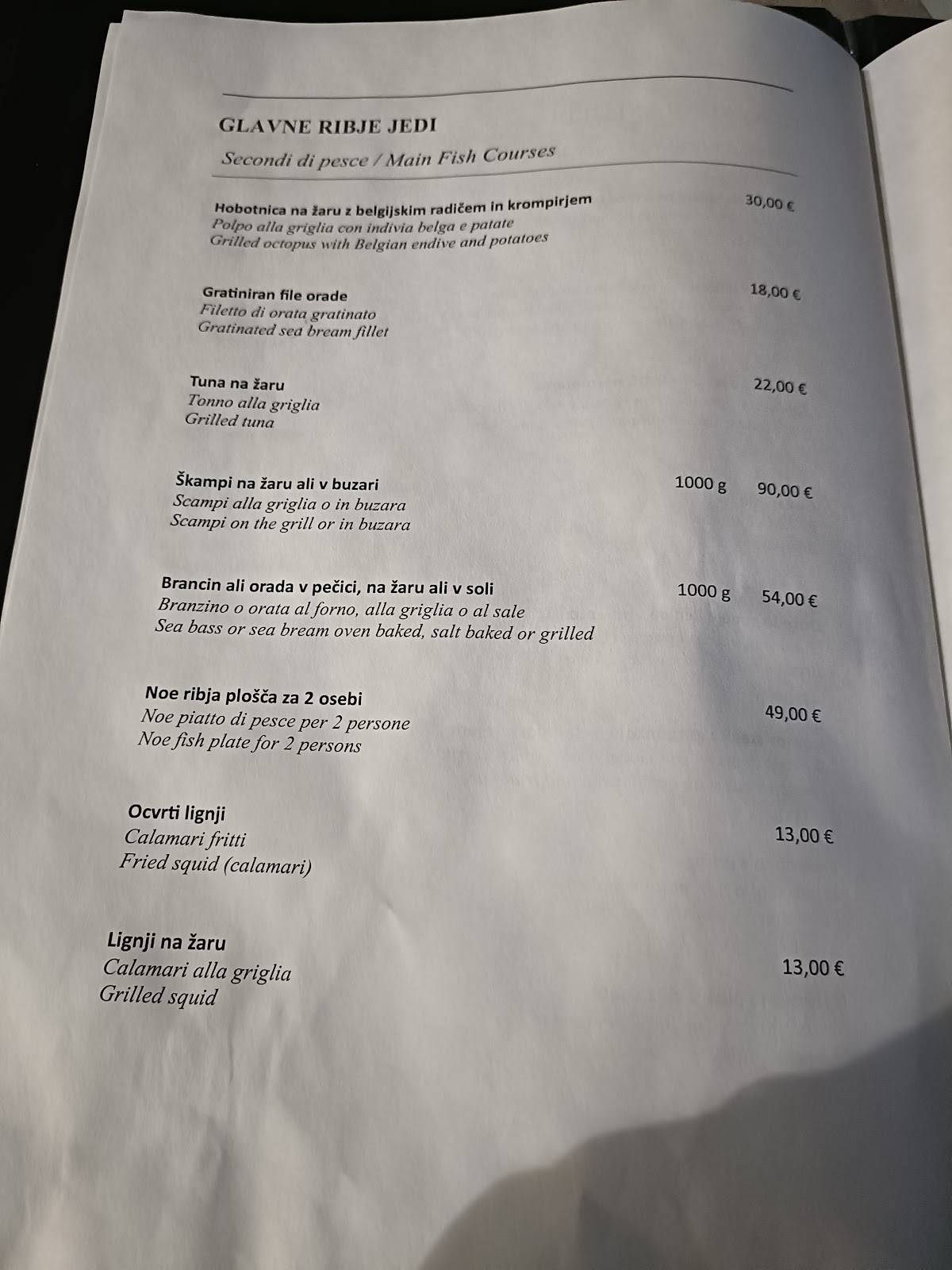 Menu at NOE Wine Bar & Restaurant, Volčja Draga