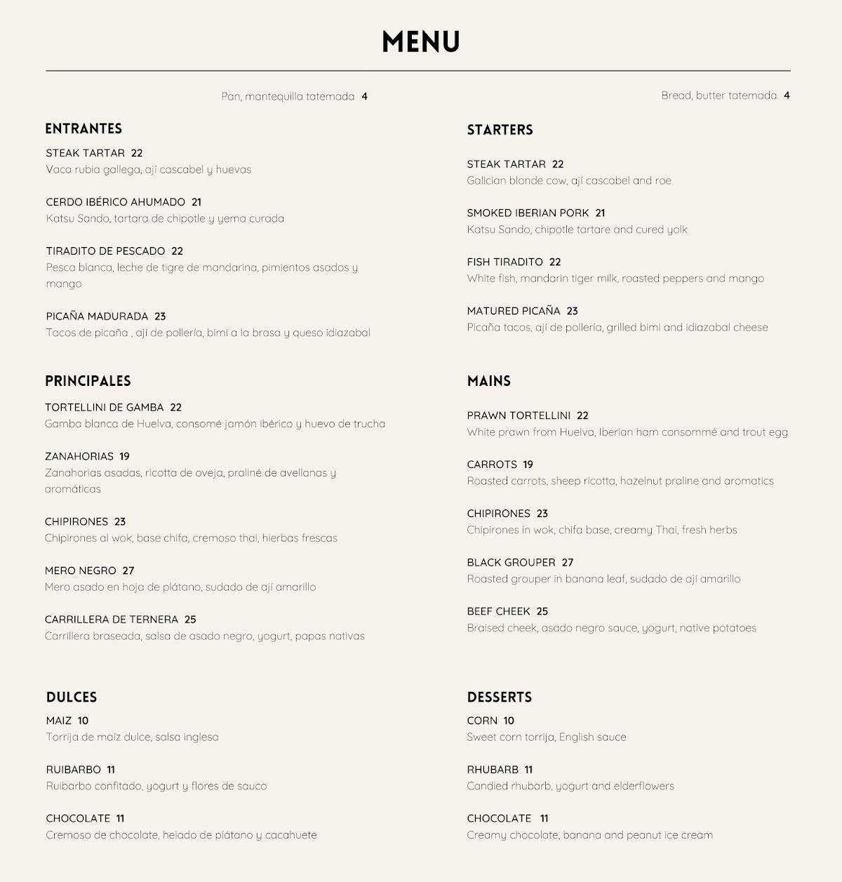 Menu at NOS Restaurant, Madrid