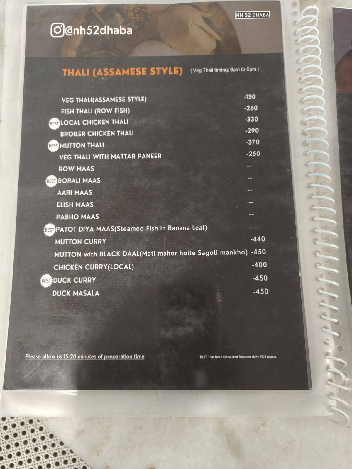 Menu at NRL & NH 52 Dhaba, India