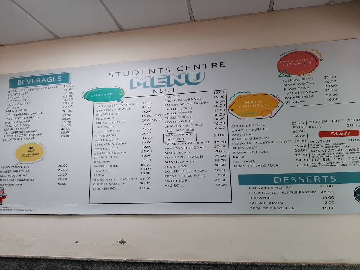 Menu at NSUT Student Centre, Delhi