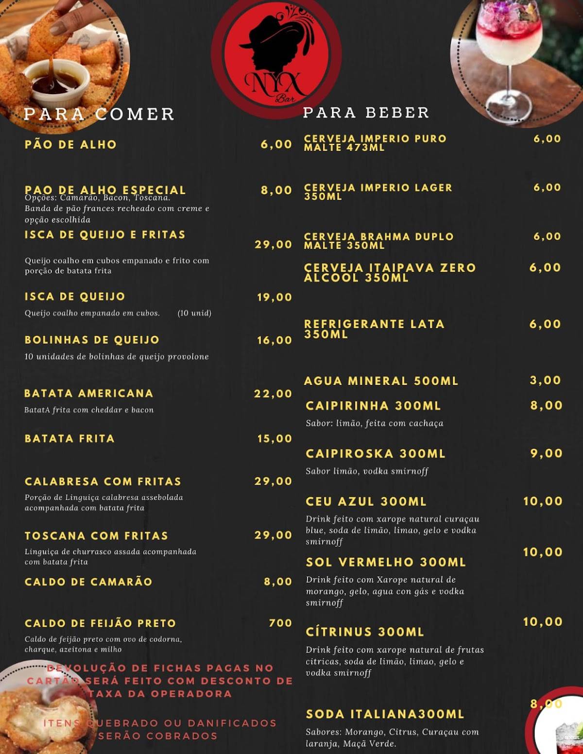 Menu em NYX BAR, Recife