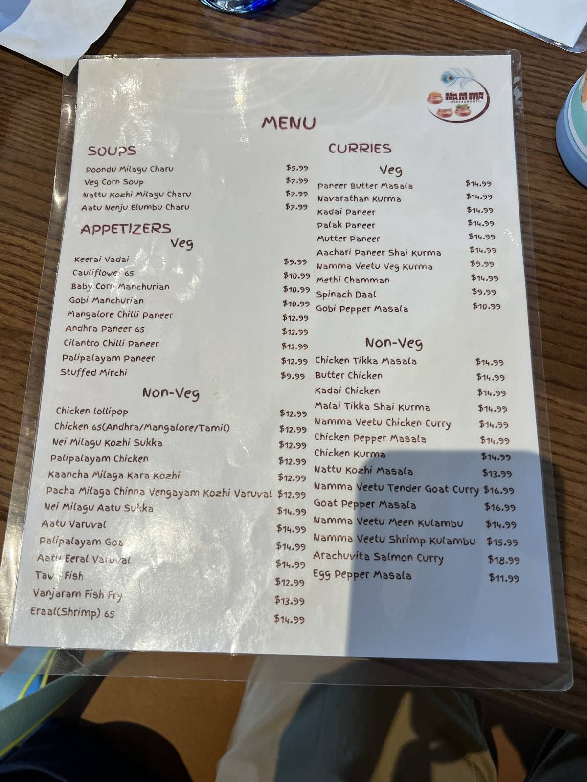 Menu at Namma Restaurant, Milpitas