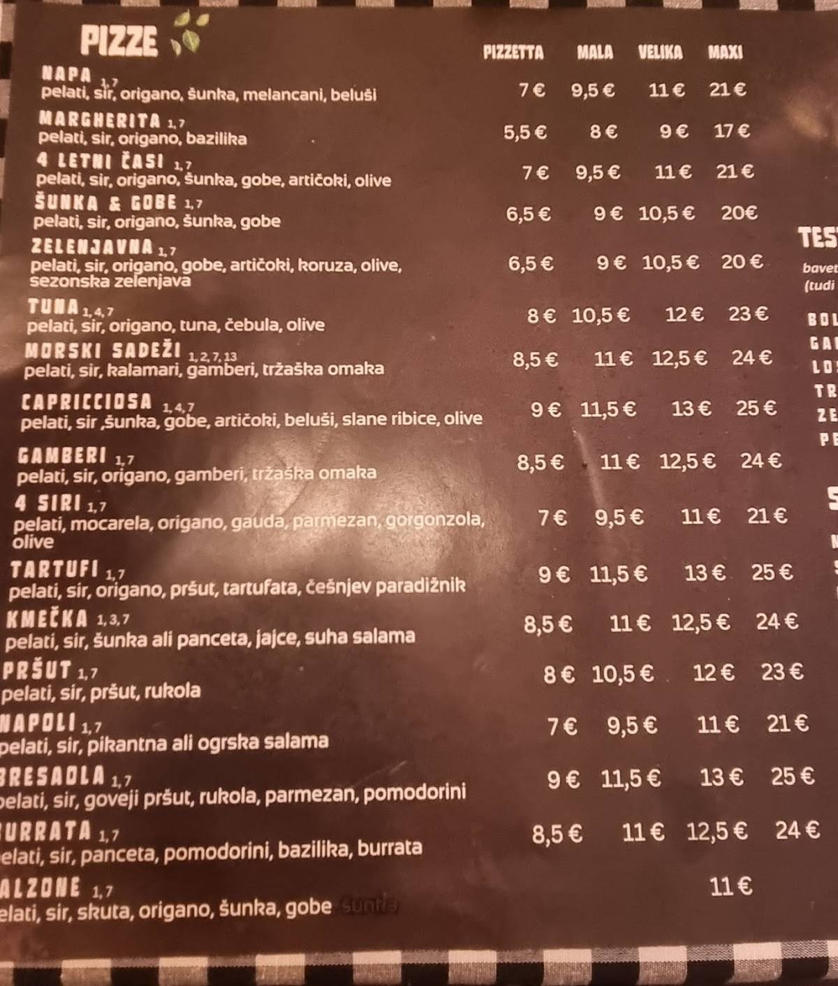 Menu at Napa Pizzeria, Izola