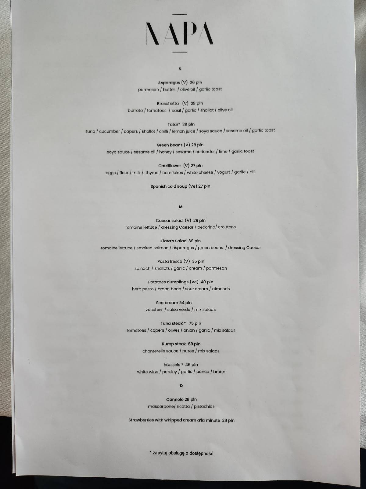 Menu at Napa Restaurant, Wrocław