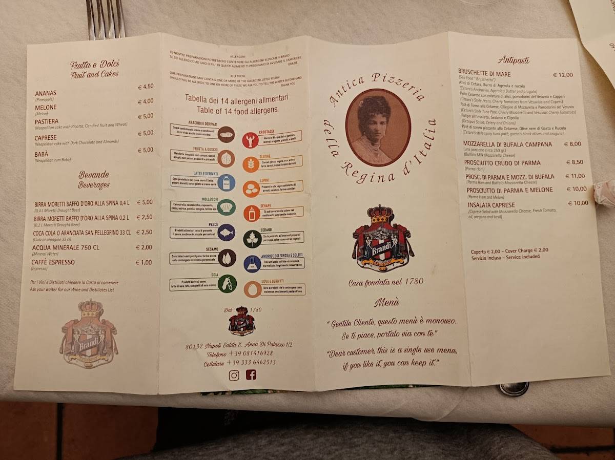 Menu at Pizzeria Brandi, Naples, Salita S. Anna di Palazzo