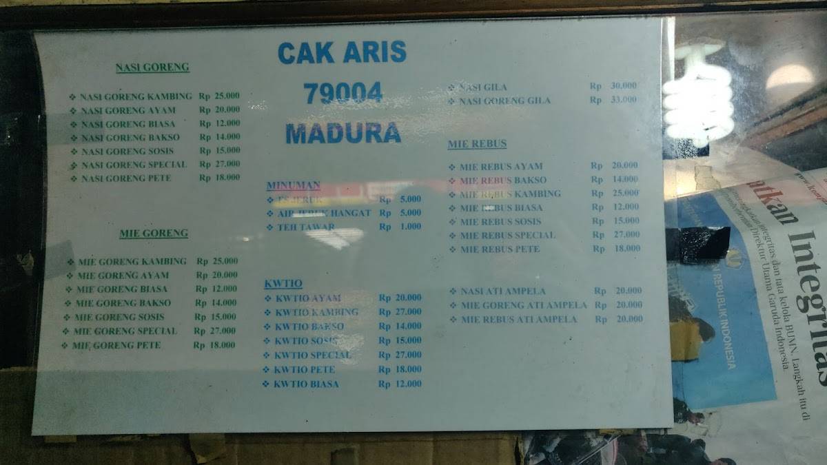 Menu at Nasi Goreng Gila Cak Aris restaurant, East Jakarta