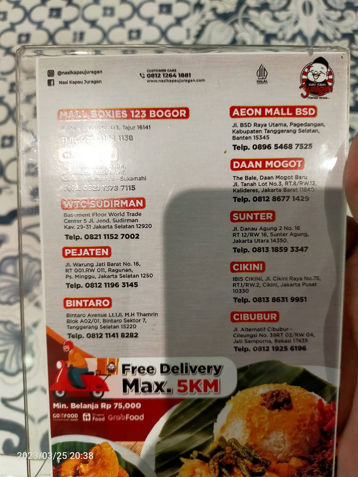 Carta del restaurante Nasi Kapau Juragan Cikini, Central Jakarta