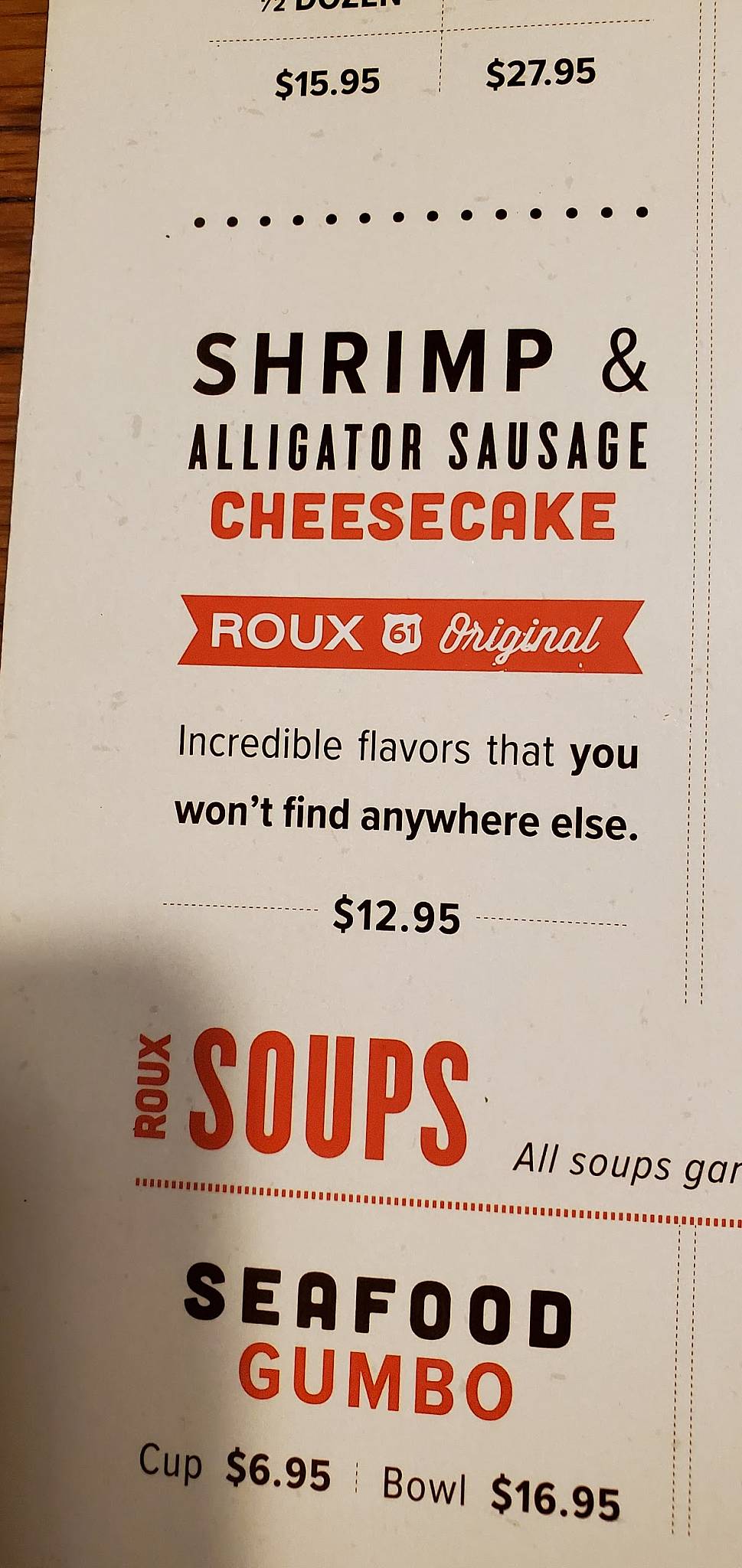 Menu at Roux 61 steakhouse, Natchez