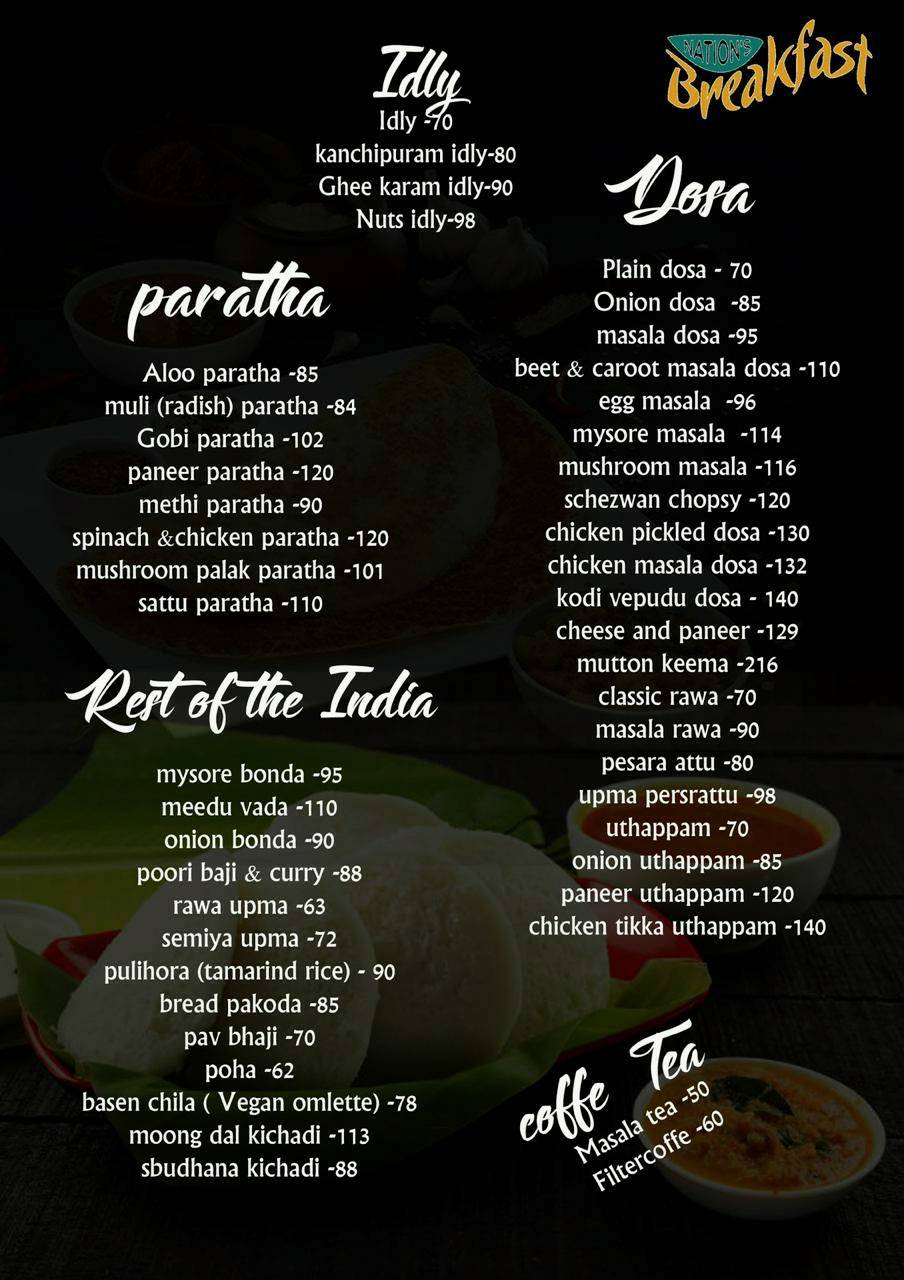 Menu at Nations Breakfast, Hyderabad