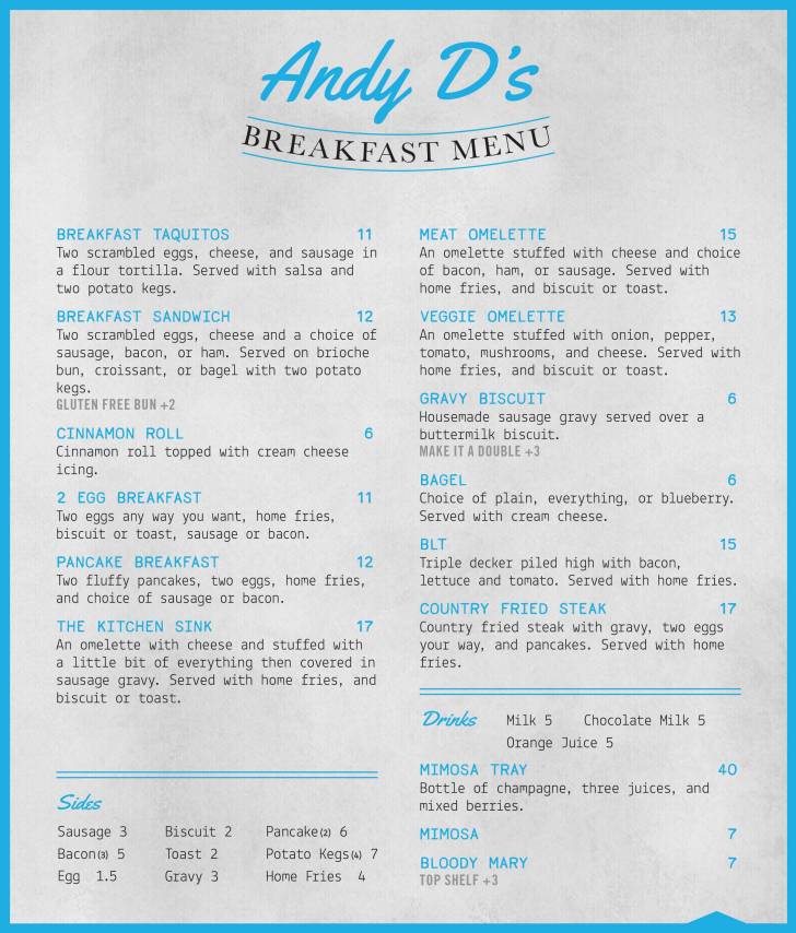 Menu at Andy D's Beachside Restaurant & Deck Bar, Navarre