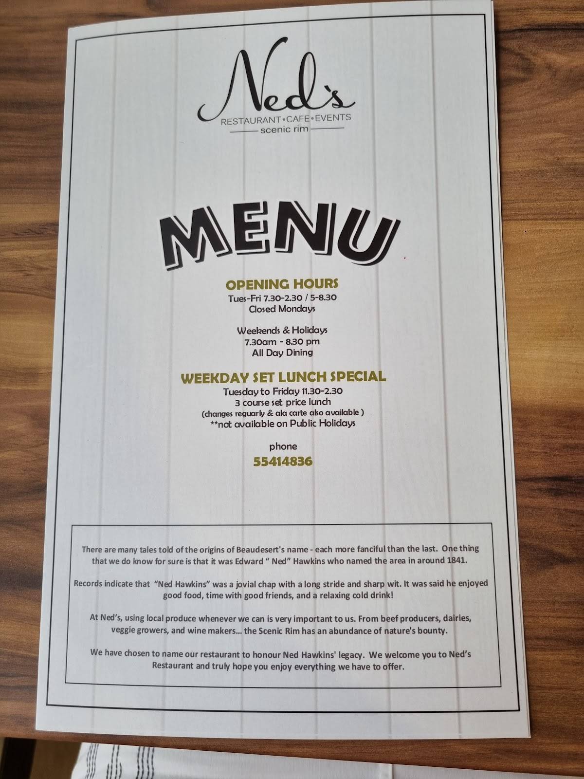 Menu at Ned's Restaurant, Beaudesert
