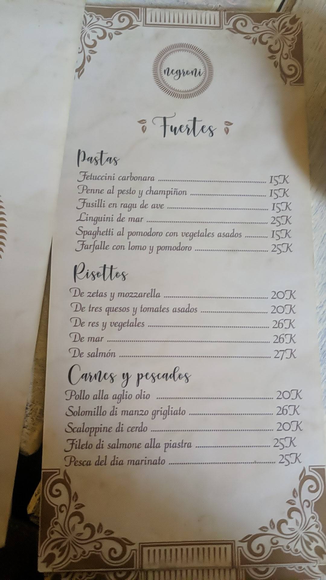 Carta del restaurante Negroni Ristorante, Bogotá