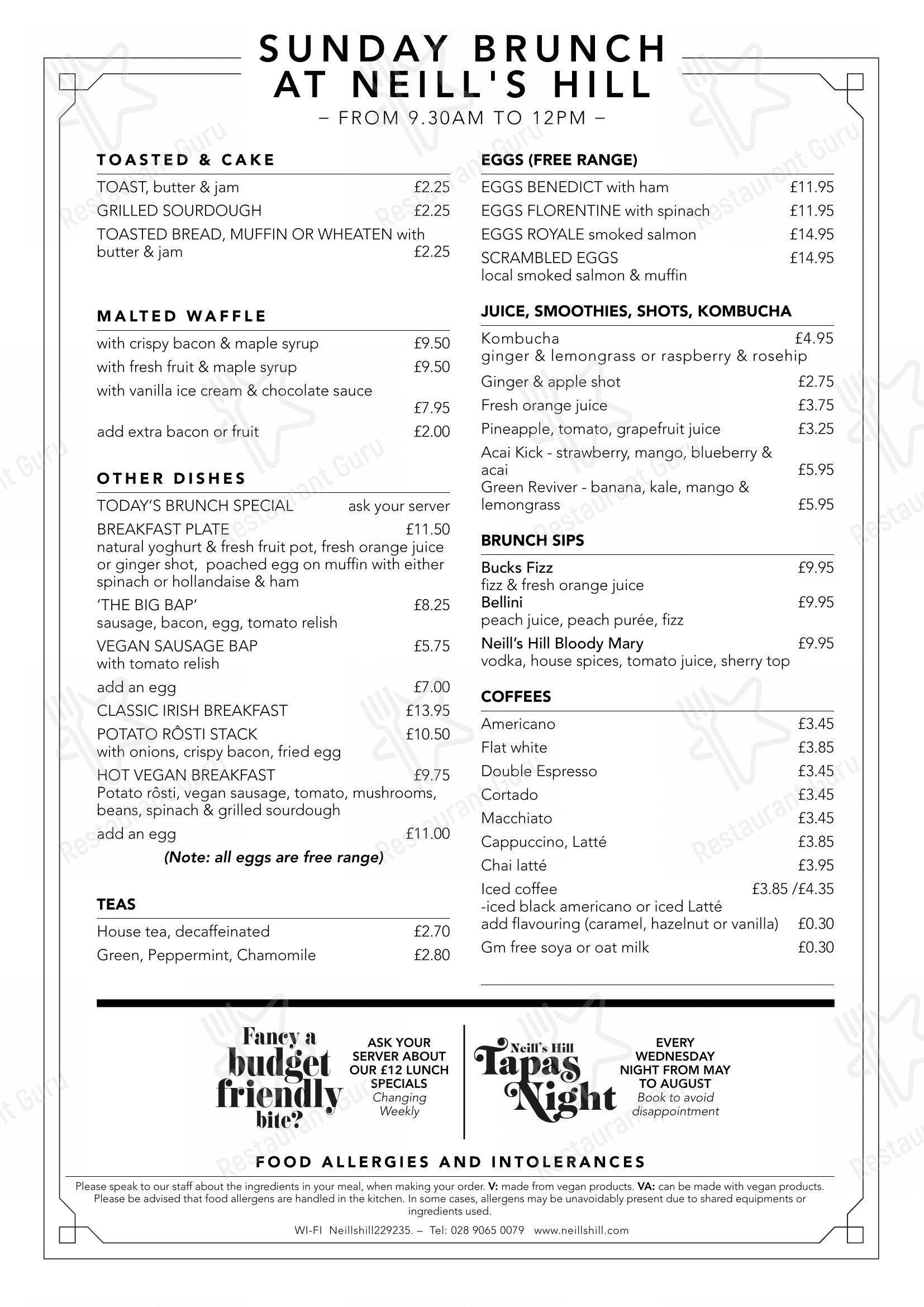 Menu at Neill's Hill Brasserie restaurant, Belfast
