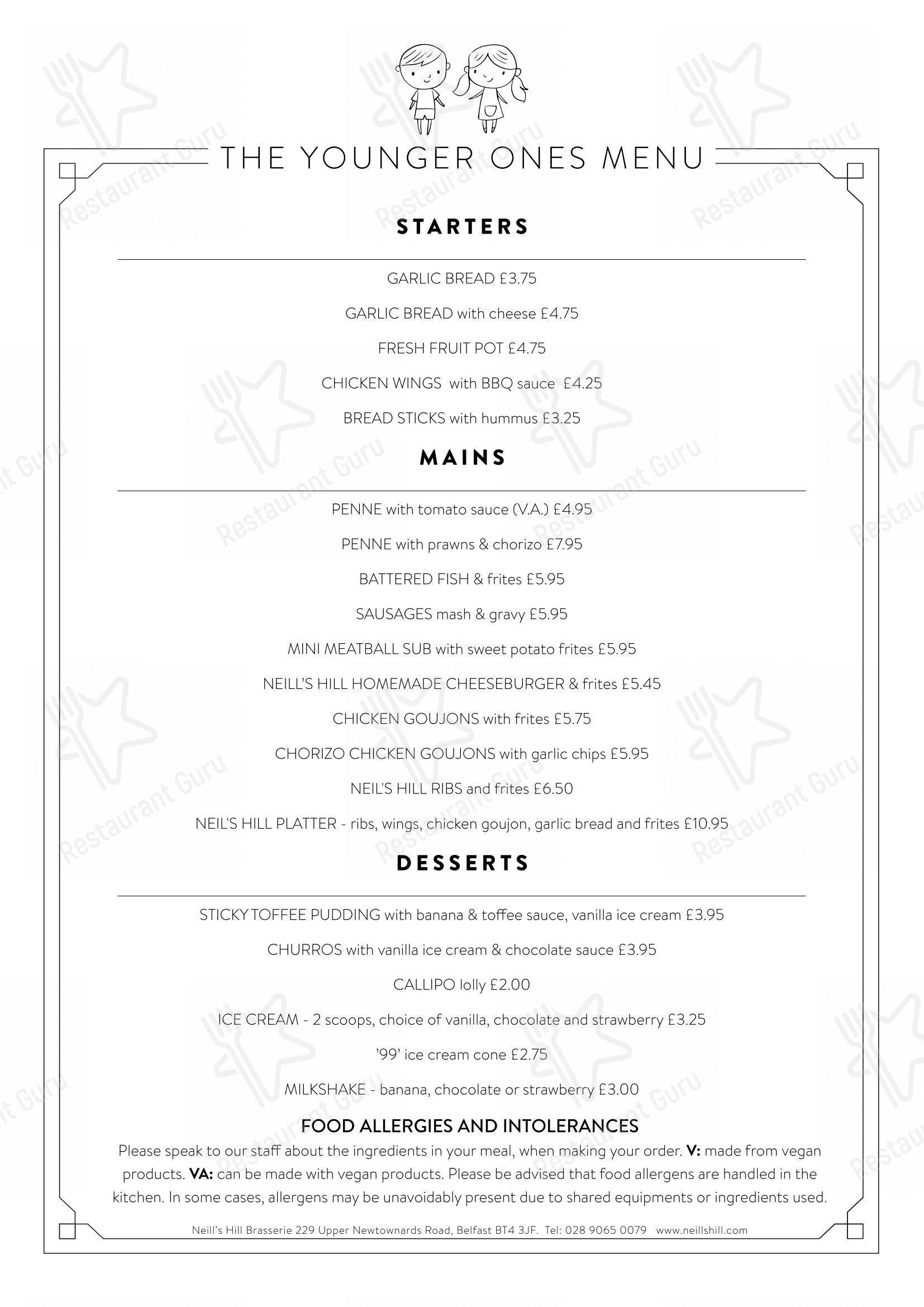 Menu at Neill's Hill Brasserie restaurant, Belfast