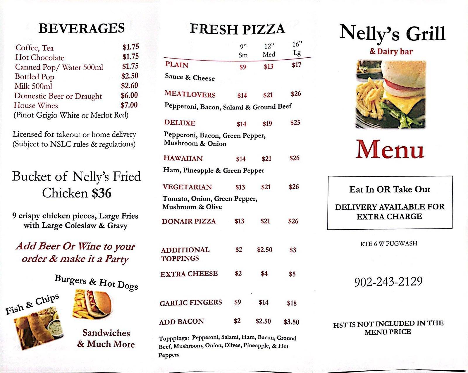 Menu at Nelly's Grill and Dairy Bar, Canada