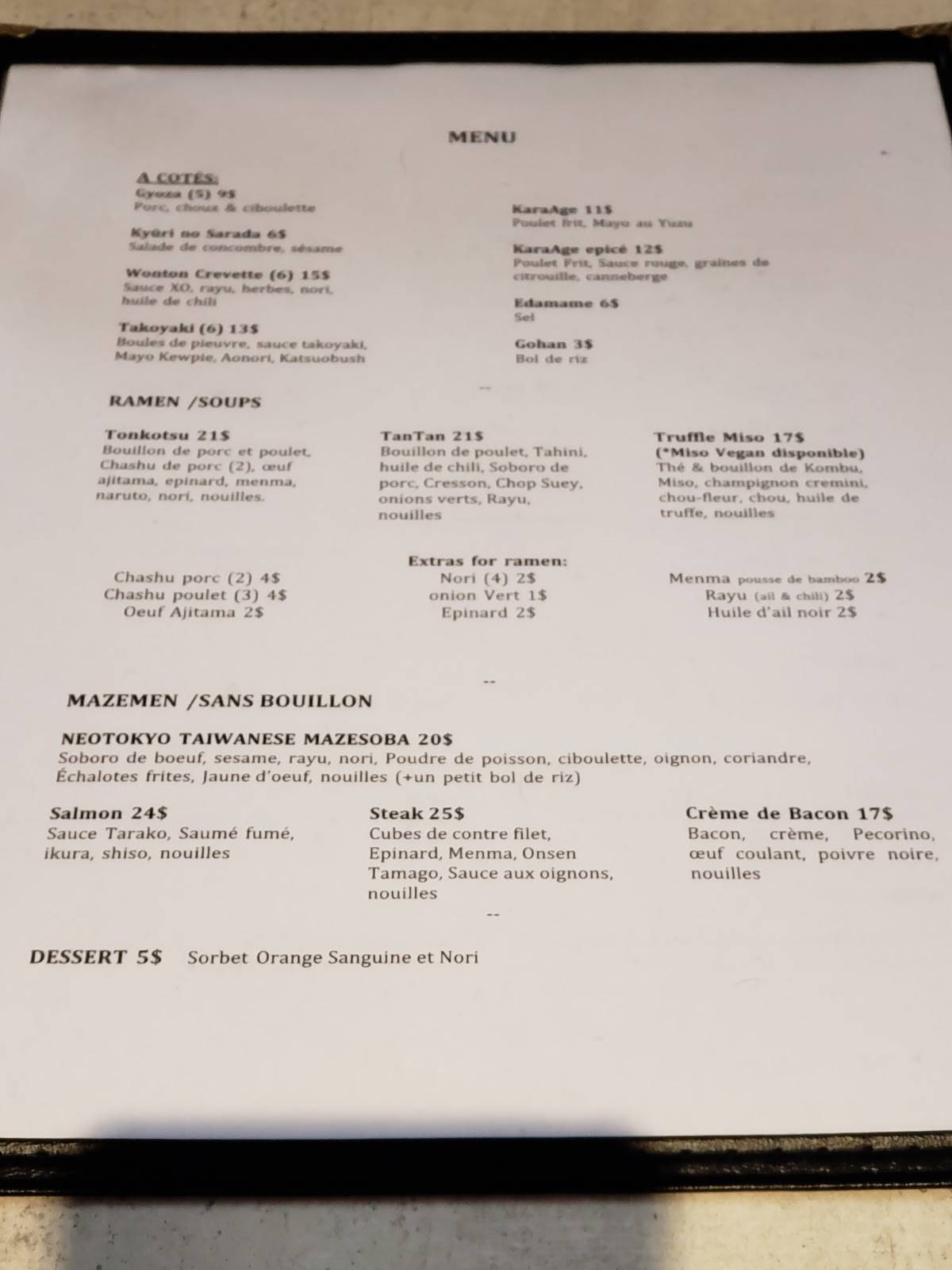 Menu au Neotokyo restaurant, Montréal