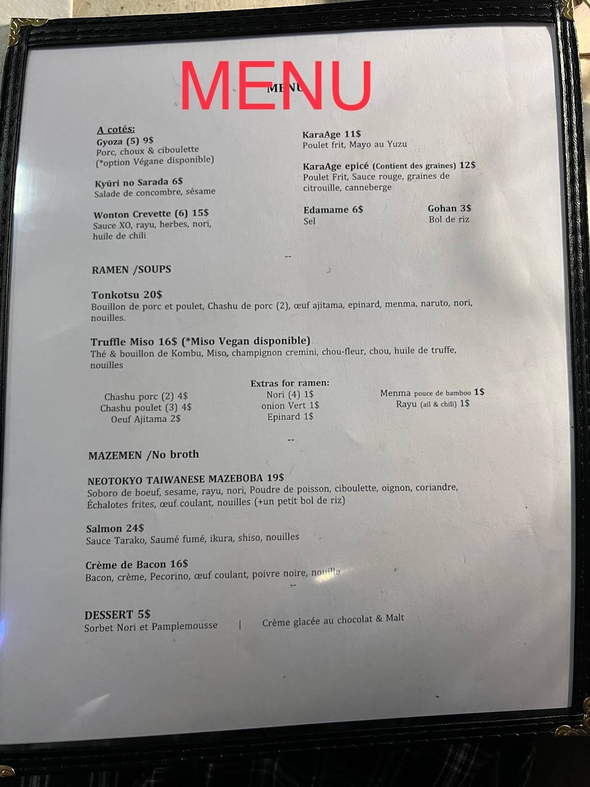 Menu au Neotokyo restaurant, Montréal