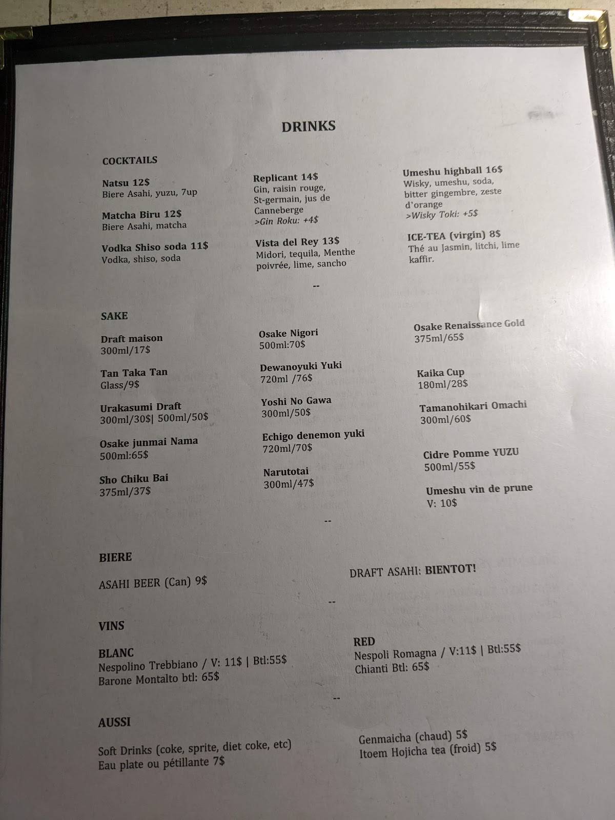 Menu au Neotokyo restaurant, Montréal