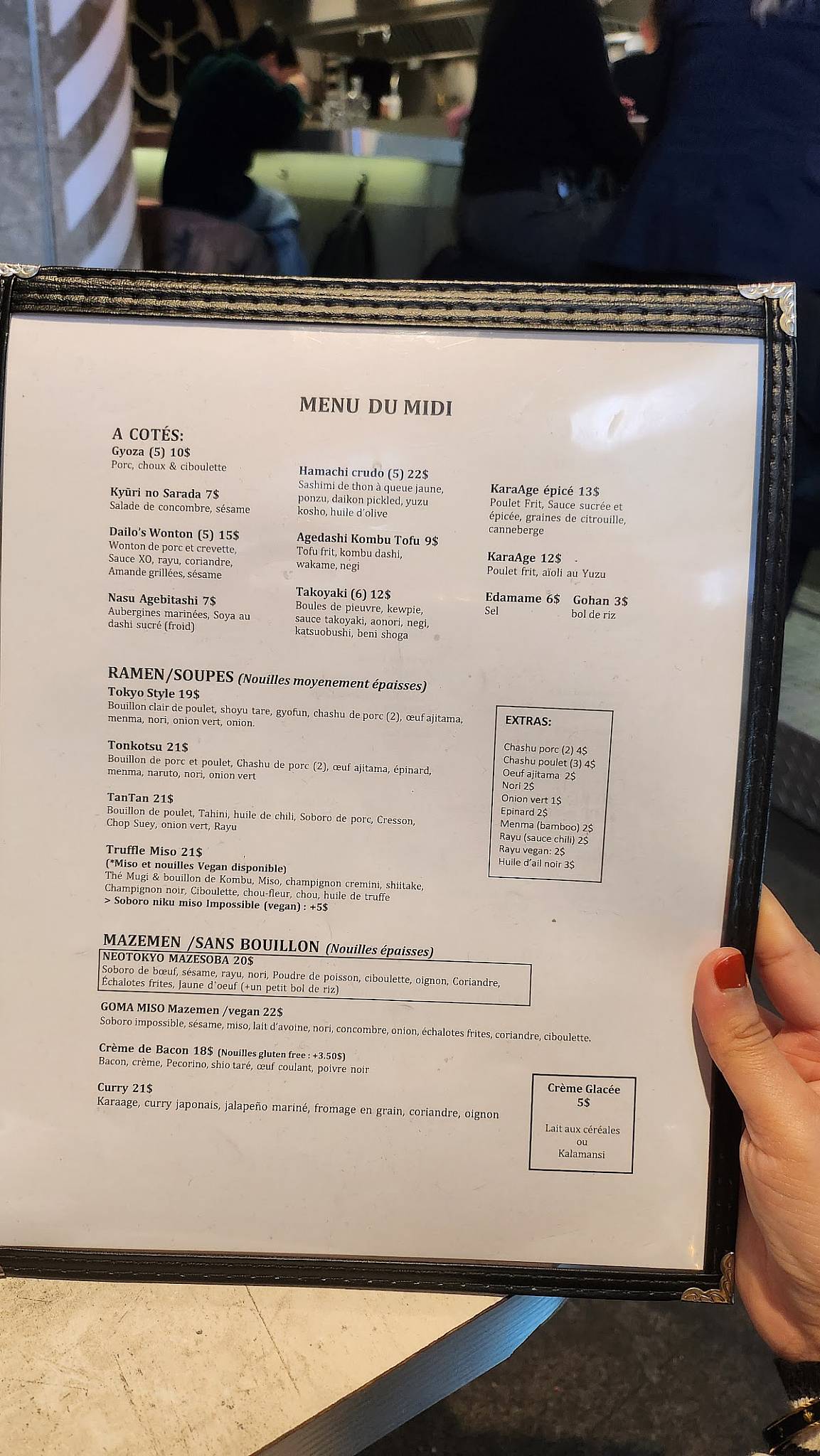 Menu au Neotokyo restaurant, Montréal