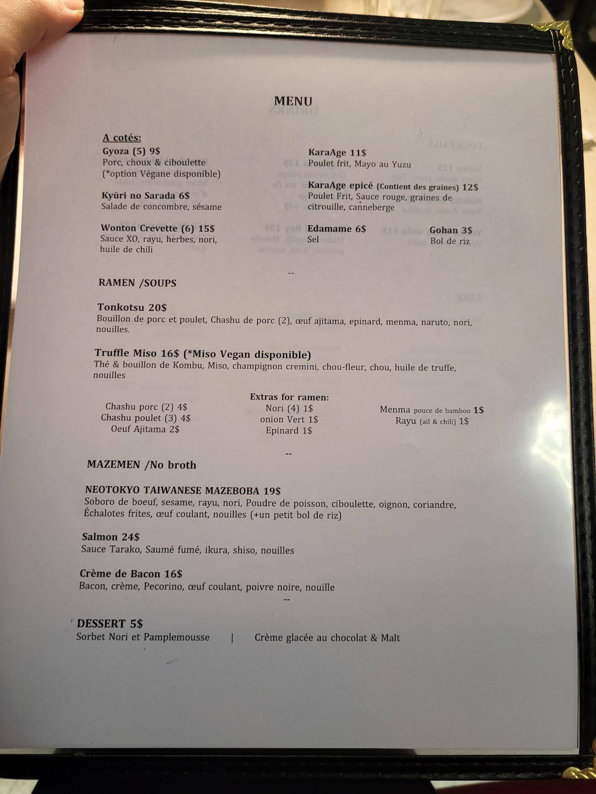 Menu au Neotokyo restaurant, Montréal