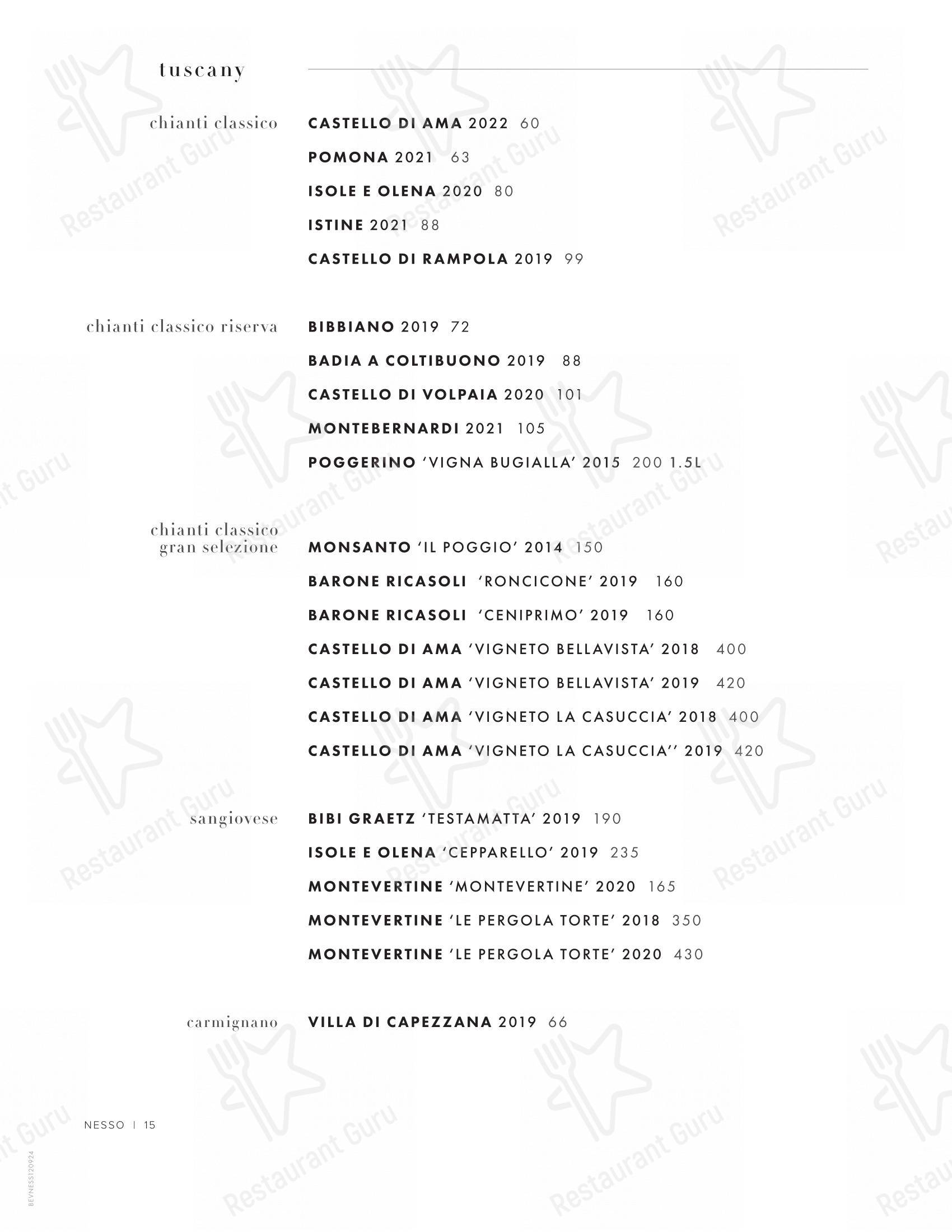 Menu at Nesso restaurant, Indianapolis