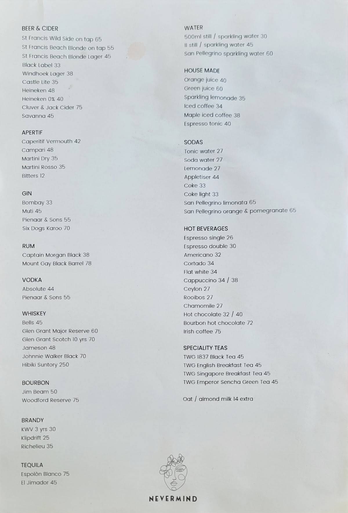 Menu at Nevermind restaurant, Saint Francis Bay