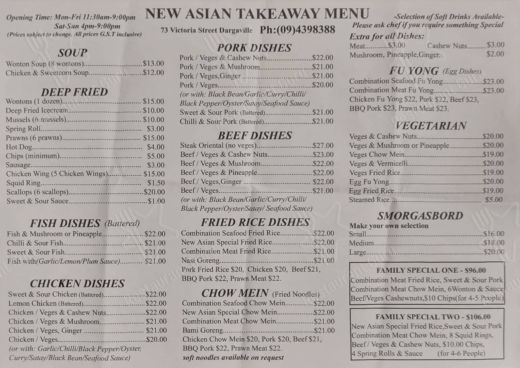 Menu at New Asian Restaurant, Dargaville