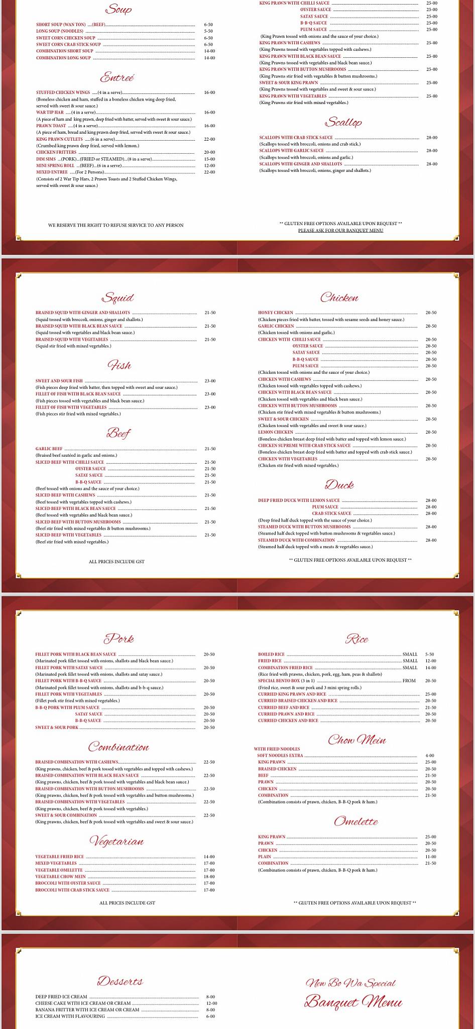 Menu at New Bo Wa Restaurant, Moree