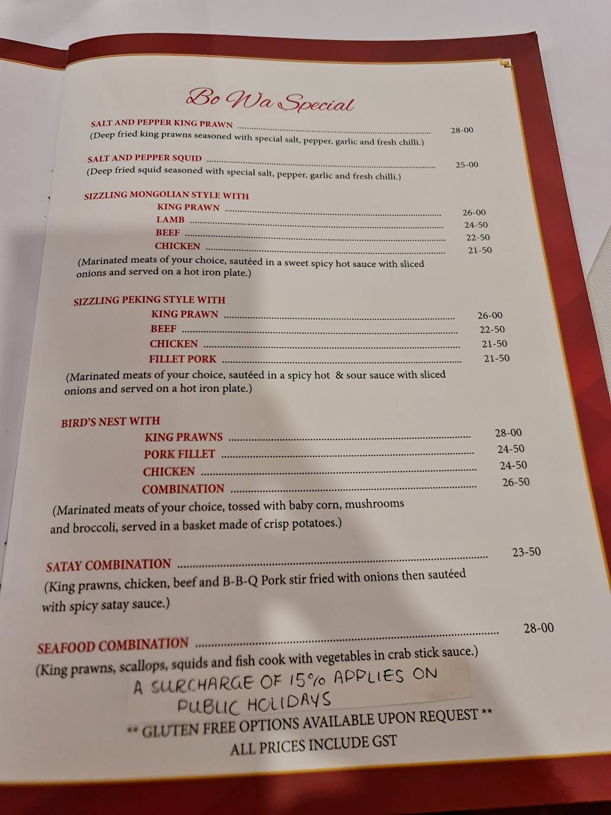 Menu at New Bo Wa Restaurant, Moree