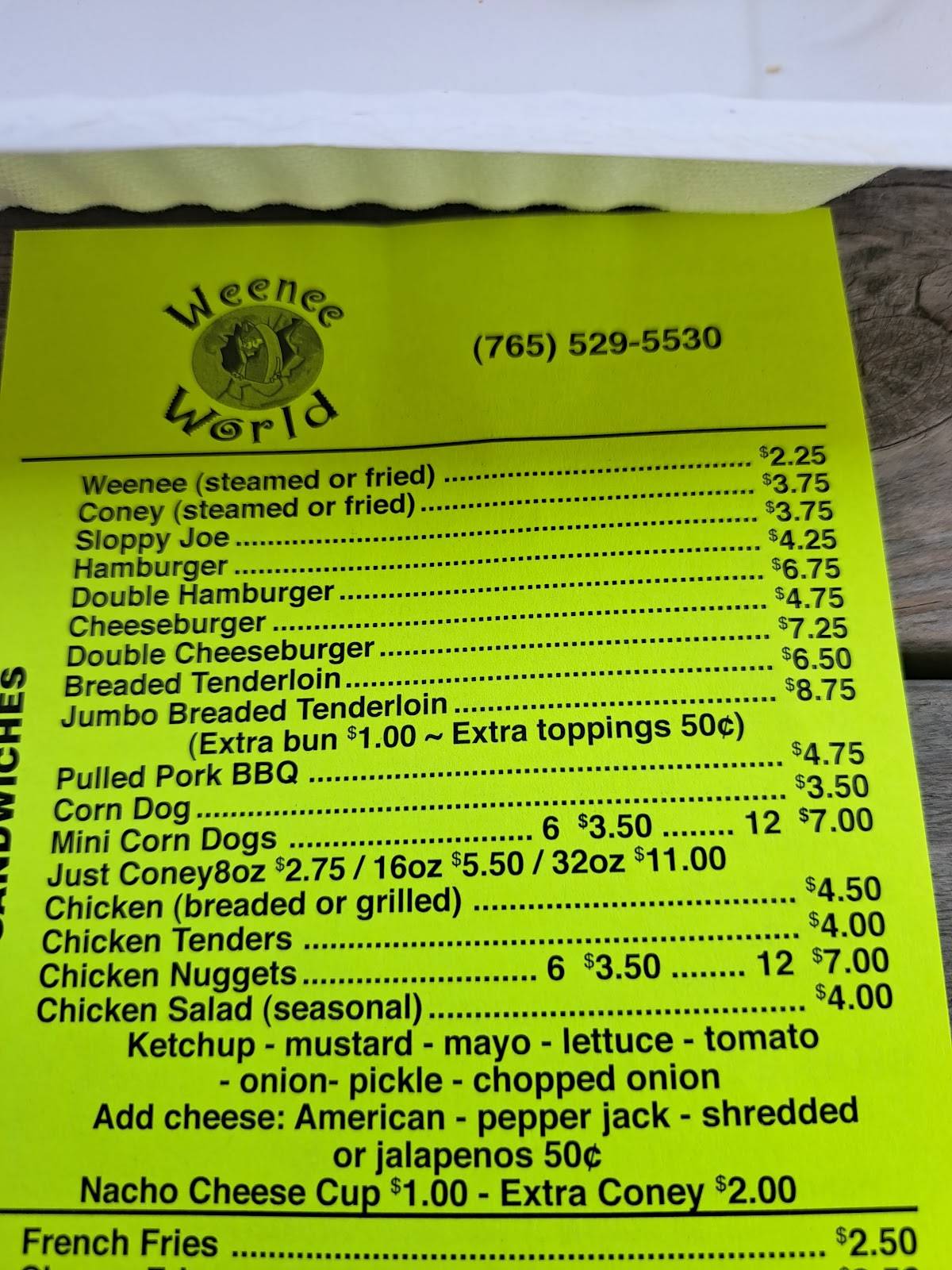 Menu at Weenee World fast food, New Castle