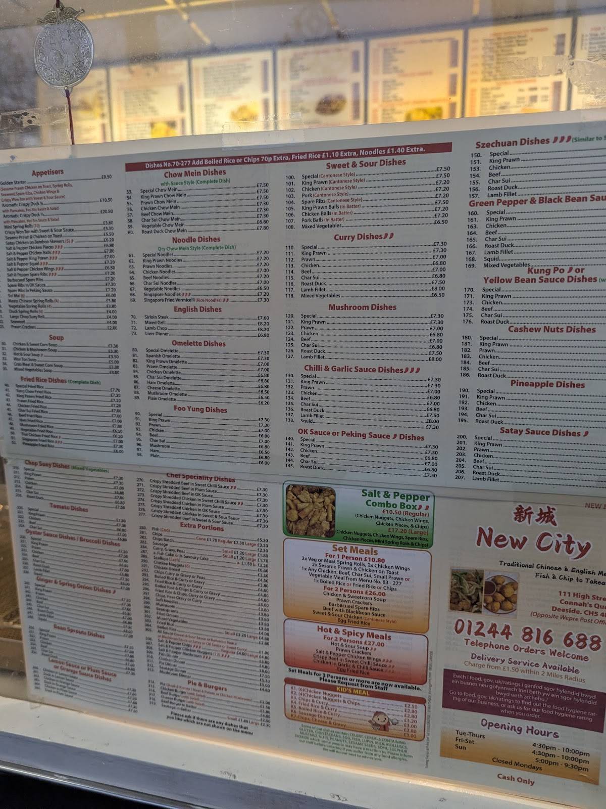 Menu at New City fast food, Deeside