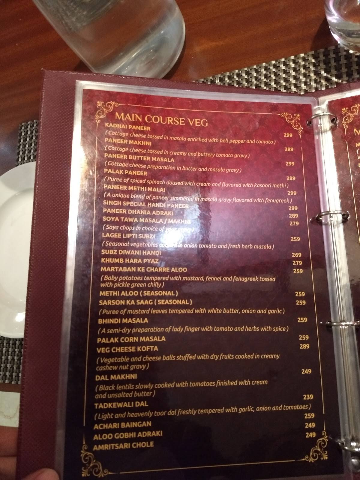 Menu at Singh Sahib, New Delhi, Central Rd