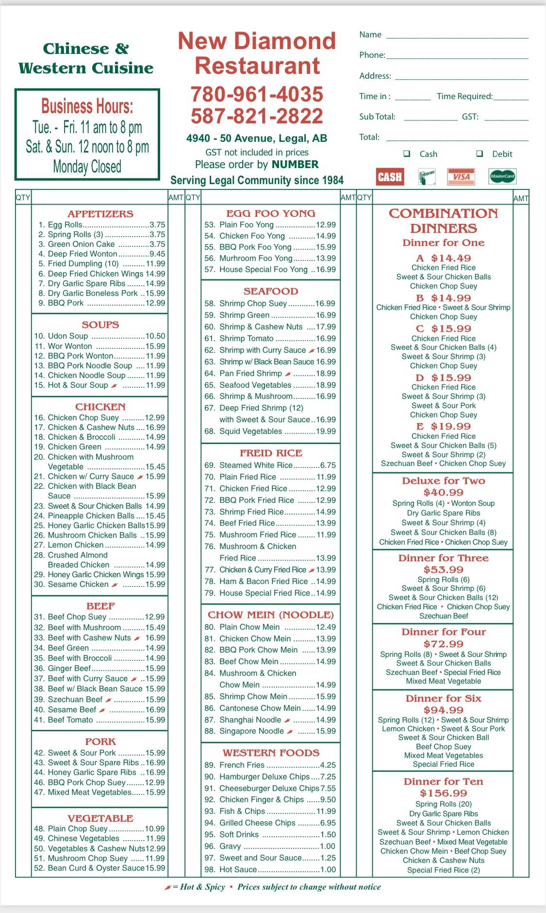 Menu at New Diamond Restaurant, Legal