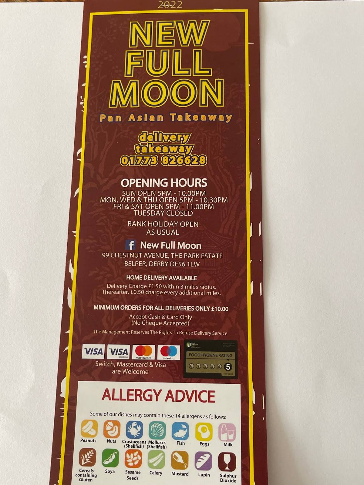 Menu at New Full Moon fast food, Belper, 99 Chestnut Ave