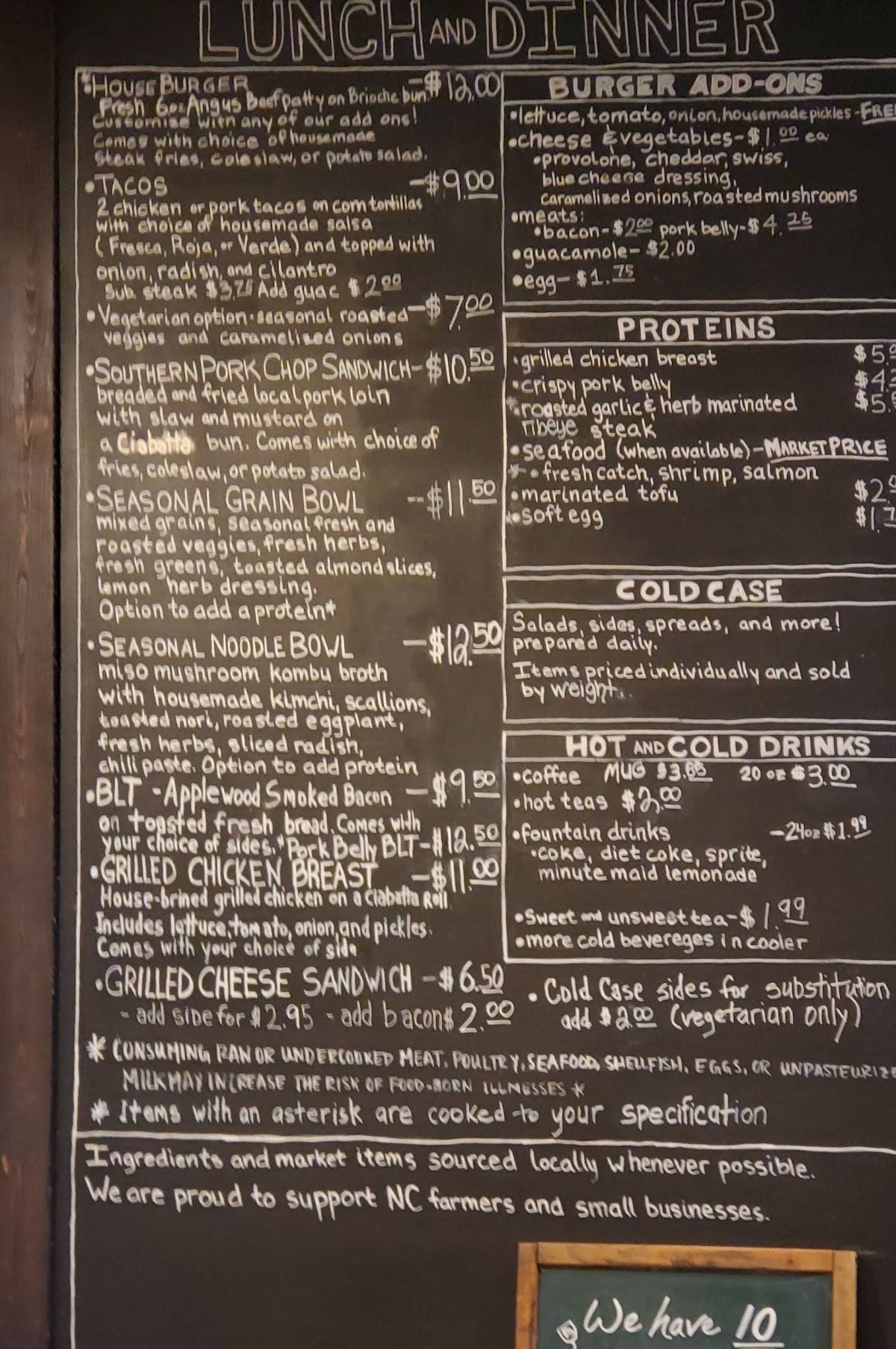Menu at New Hope Market restaurant, Chapel Hill
