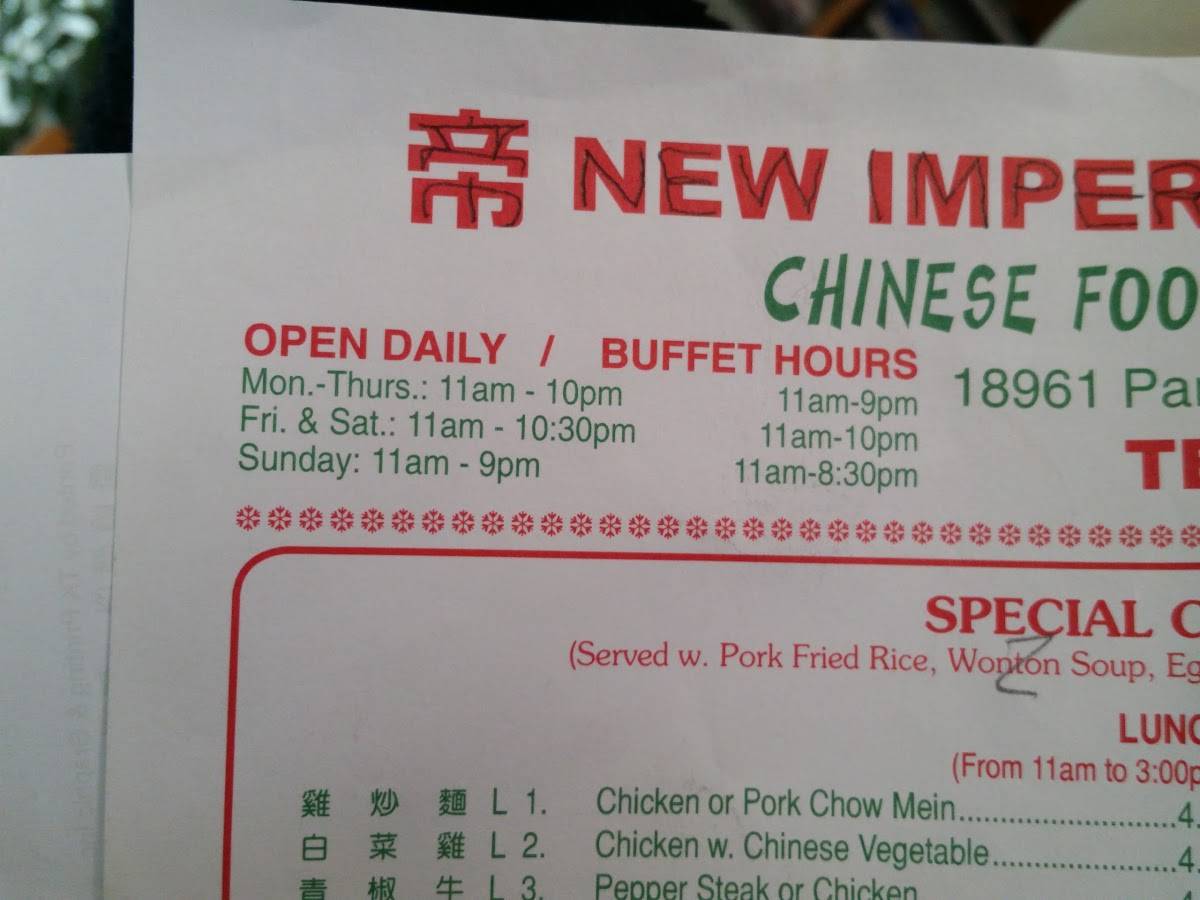 Menu at New Imperial Chinese Buffet restaurant, Meadville