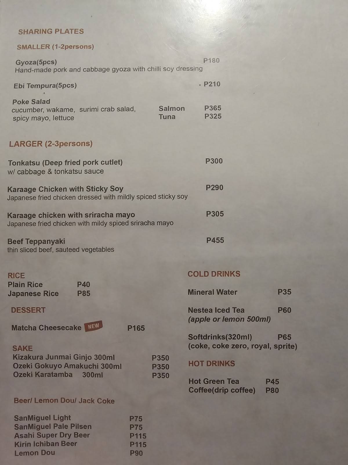 Menu at Nezu Modern Japanese restaurant, Bacolod