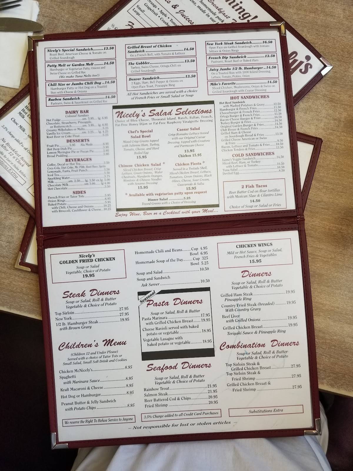 Menu at Nicely's Restaurant, Lee Vining