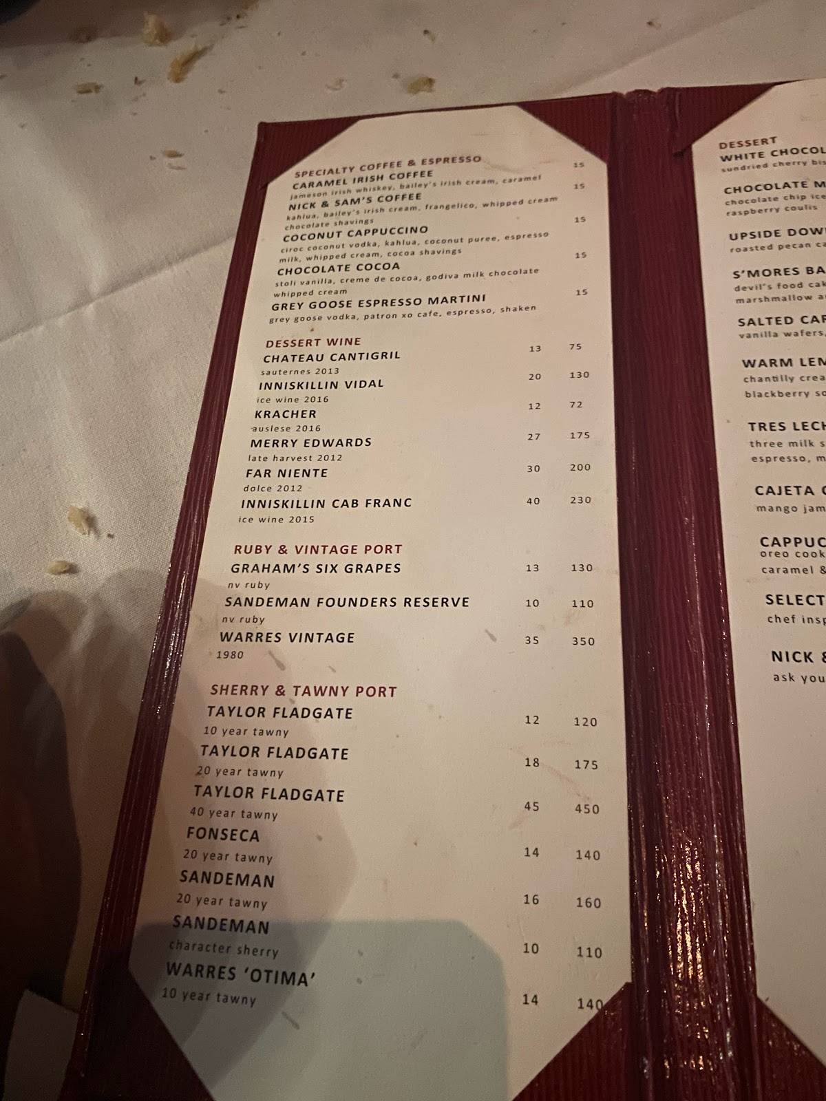 Menu at Nick & Sam's steakhouse, Dallas, Maple Ave