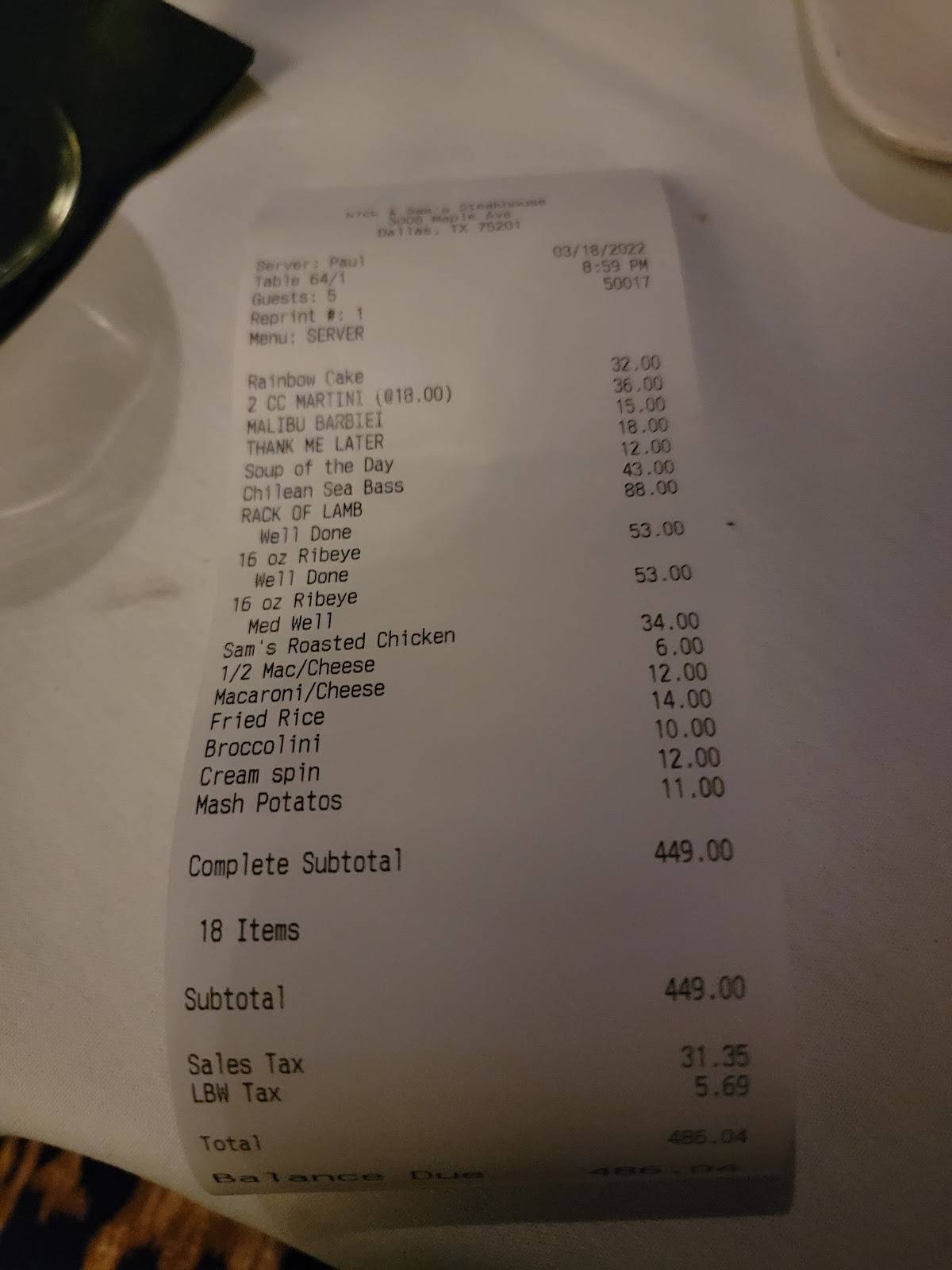 Menu at Nick & Sam's steakhouse, Dallas, Maple Ave