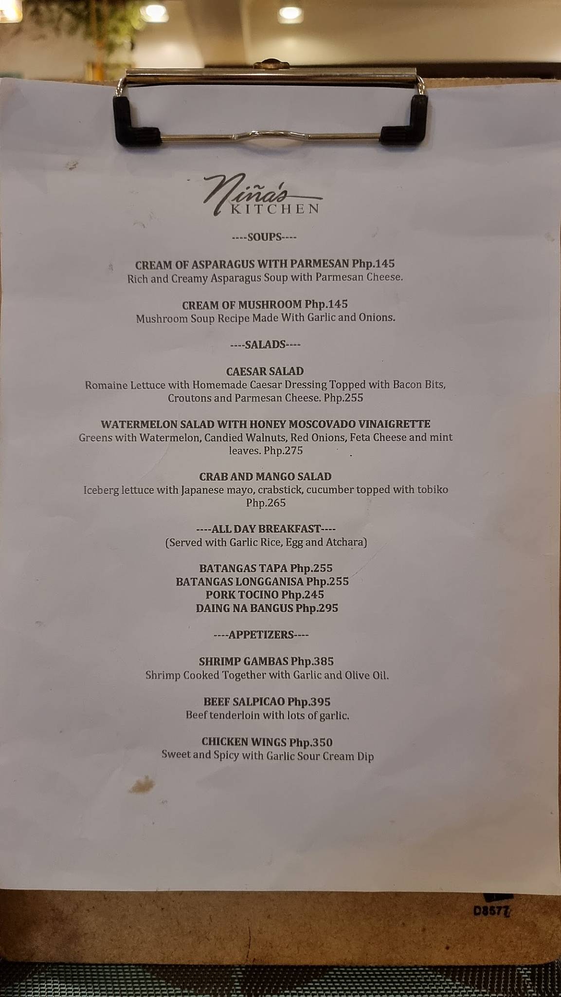 Menu at Niñas Kitchen restaurant, Biñan, Luzon 4024