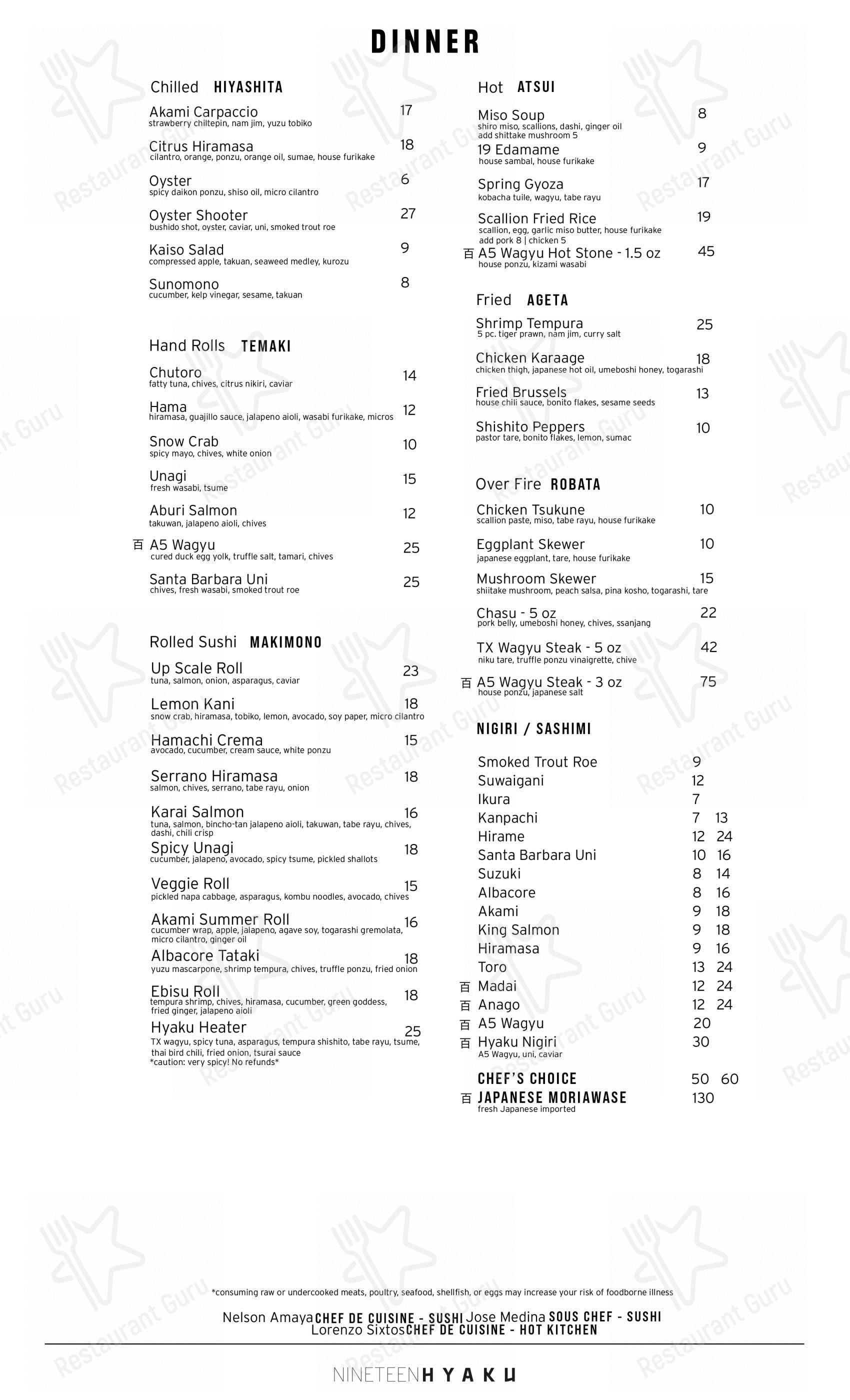 Menu at Nineteen Hyaku restaurant, San Antonio