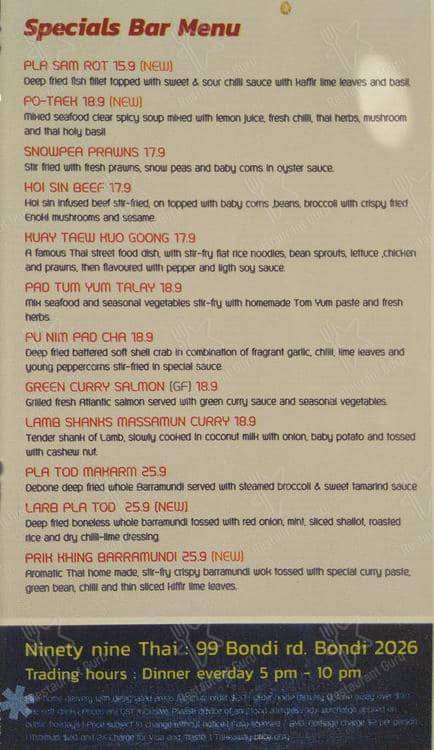 Menu at Ninety Nine Thai restaurant, Bondi