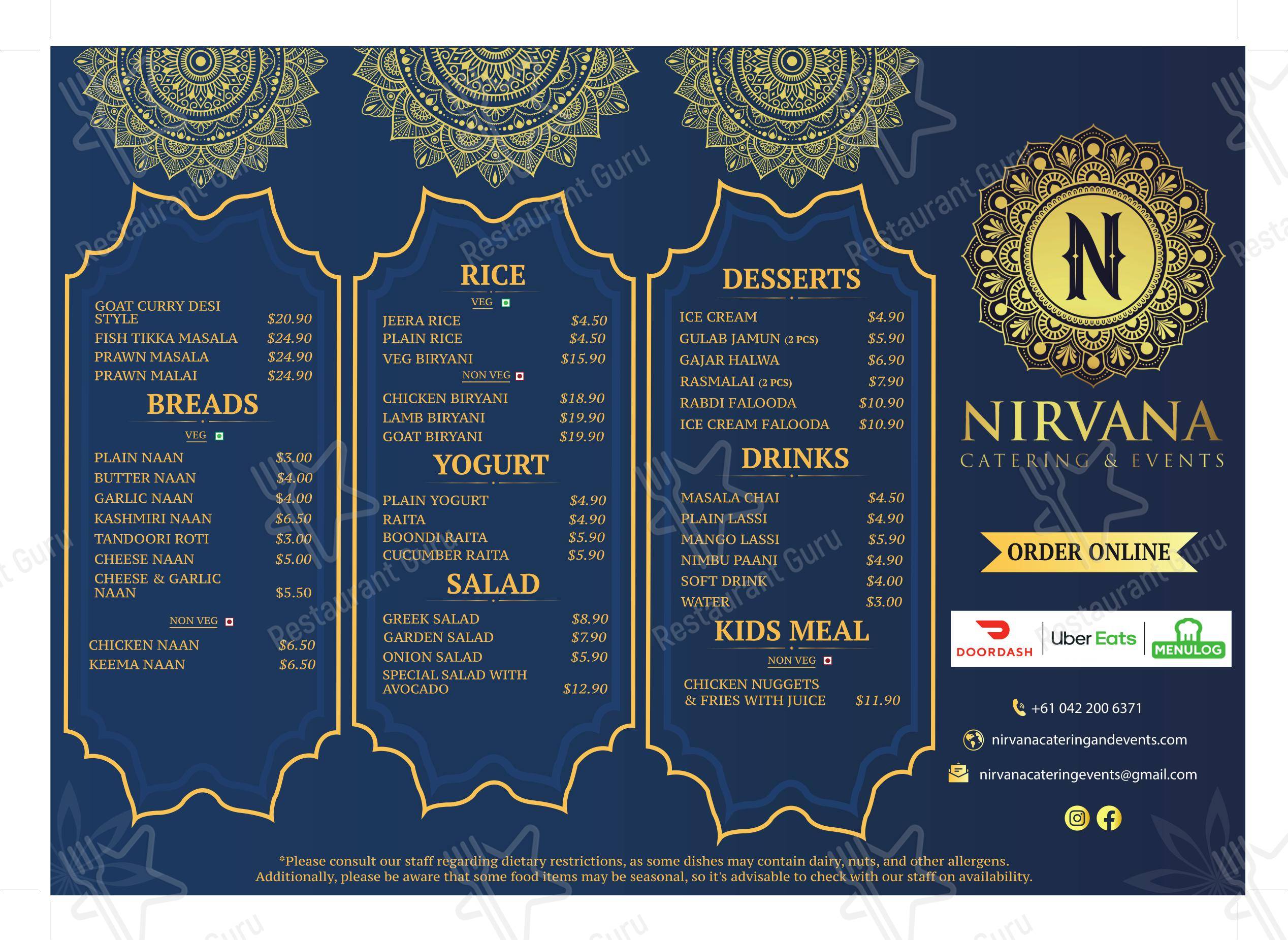 Menu at Nirvana Grill restaurant, Seven Hills